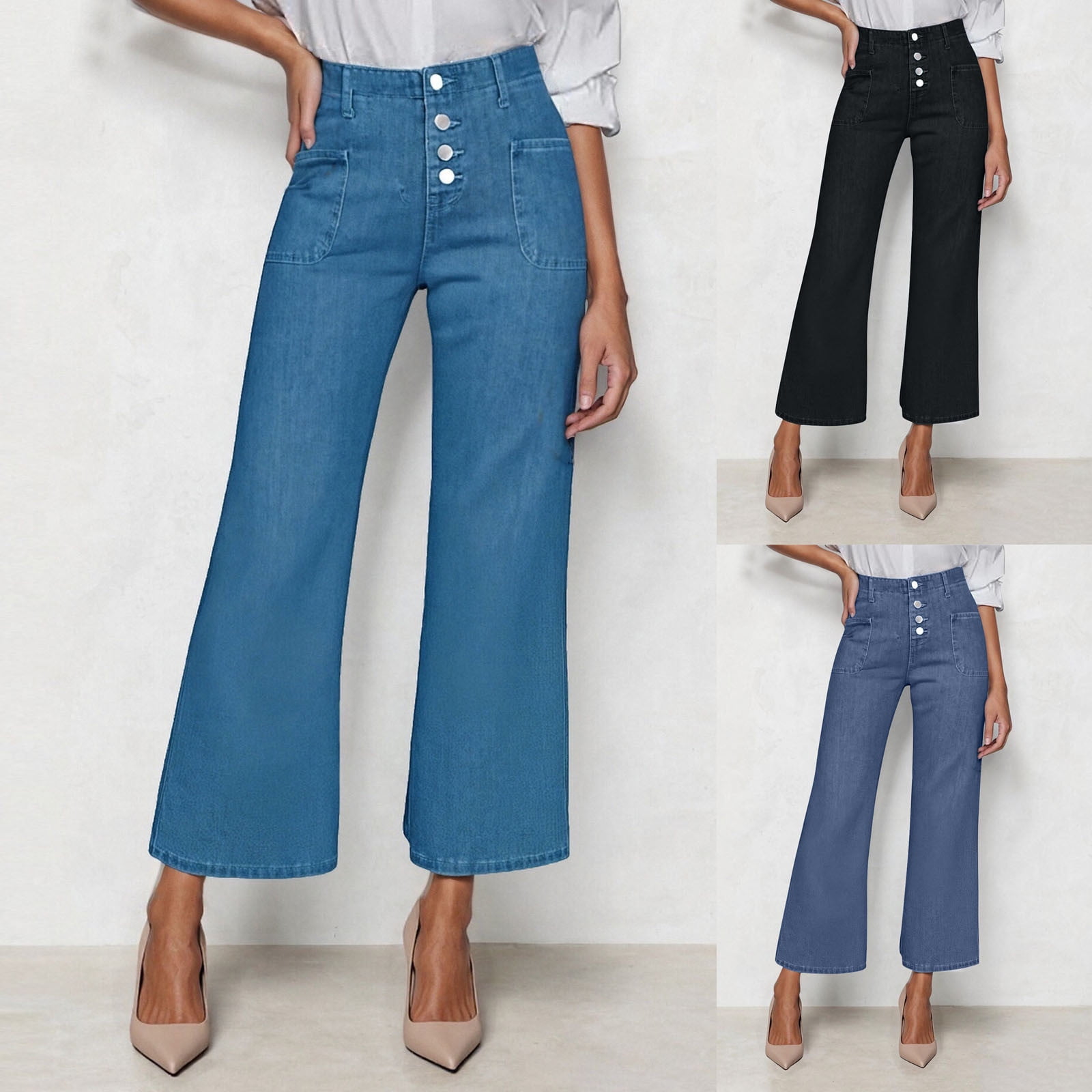 WRKEKC Women's Ankle Length Wide Leg Jeans Solid Color Cropped Denim ...