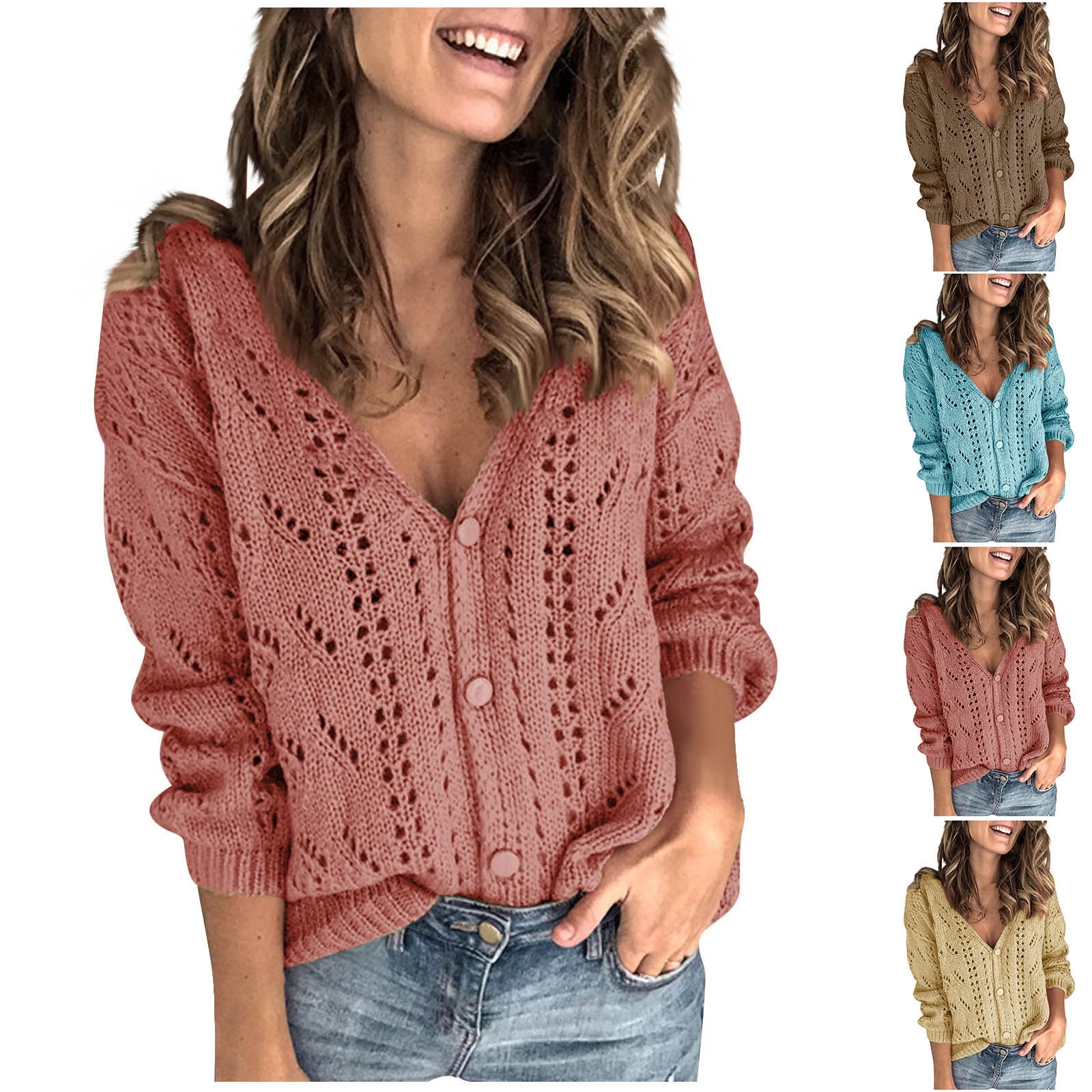 WRKEKC Women's Deep V Neck Button Cardigan Sweater Open Front Knit ...