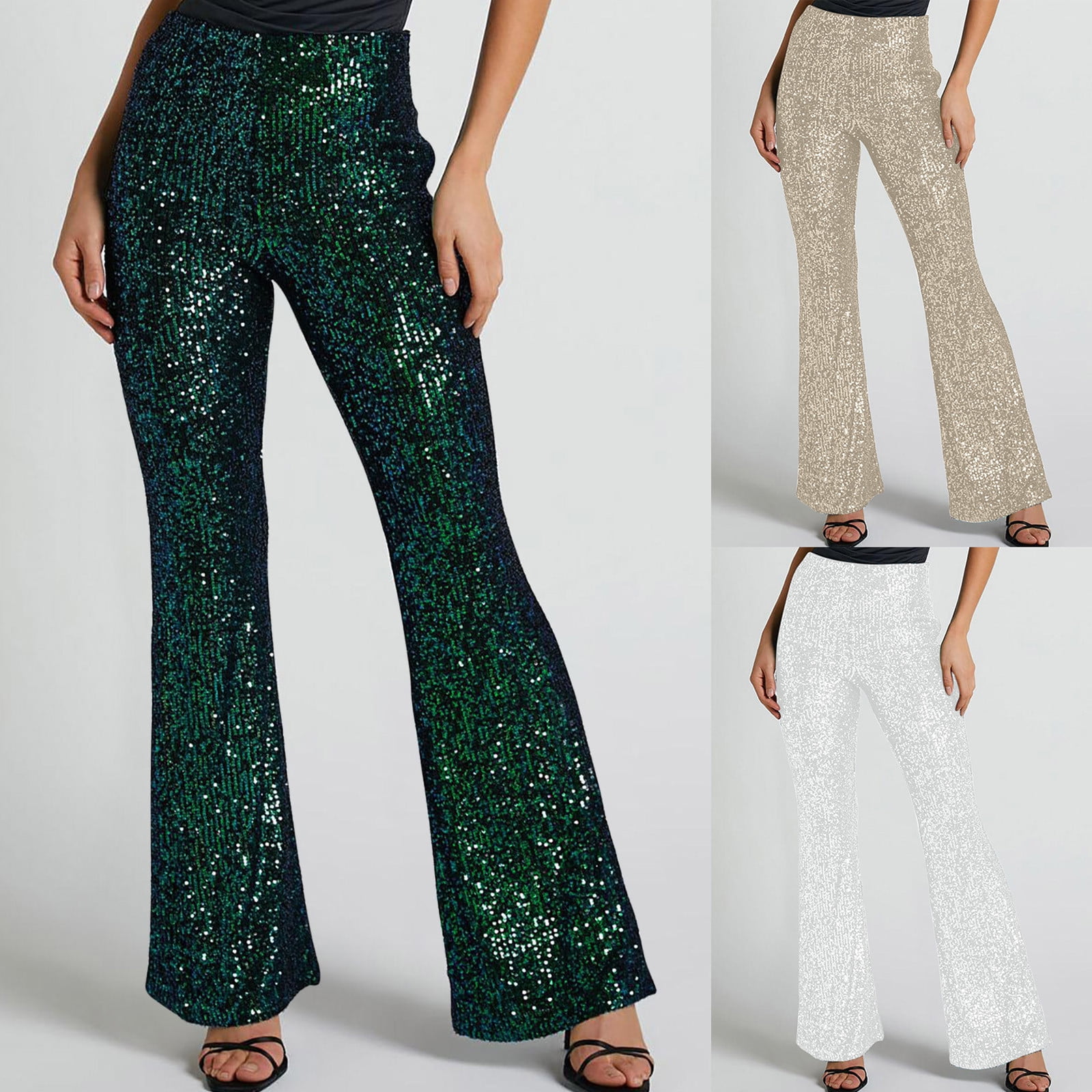 WRKEKC Women's Solid Color High Waisted Flare Pants with Sequin Accents ...
