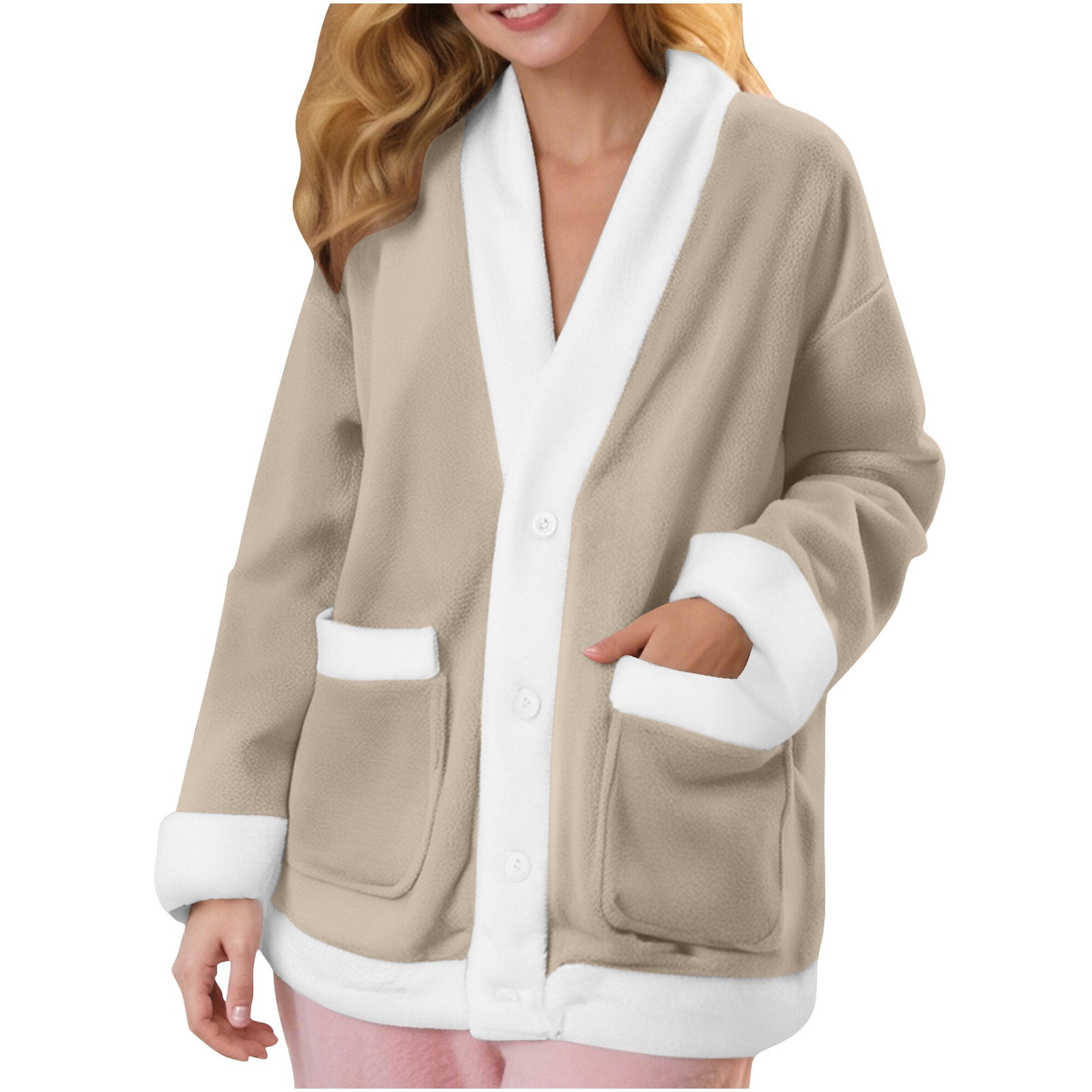 WRKEKC Womens Long Sleeve Tops Fleece Thickened Open Front Pajama Top ...