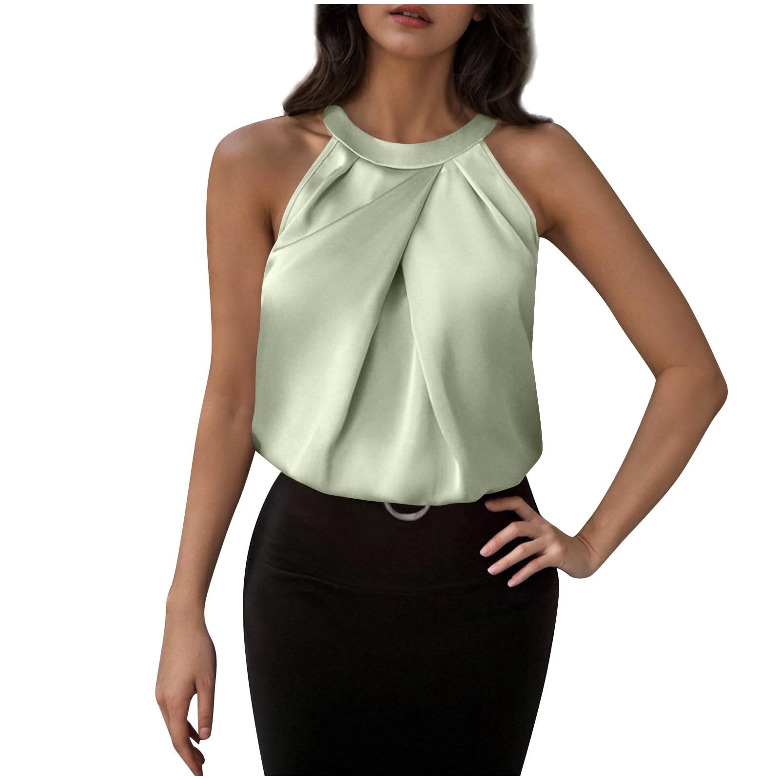 WRKEKC Womens Sleeveless Tank Tops Halter Neck Back Button Satin Solid ...