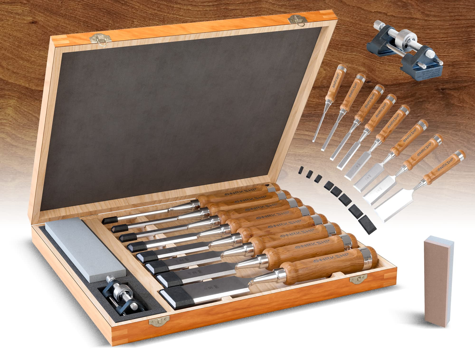 WRKSHP Wood Chisel Set (8 pcs) with Premium Wooden Storage Case ...