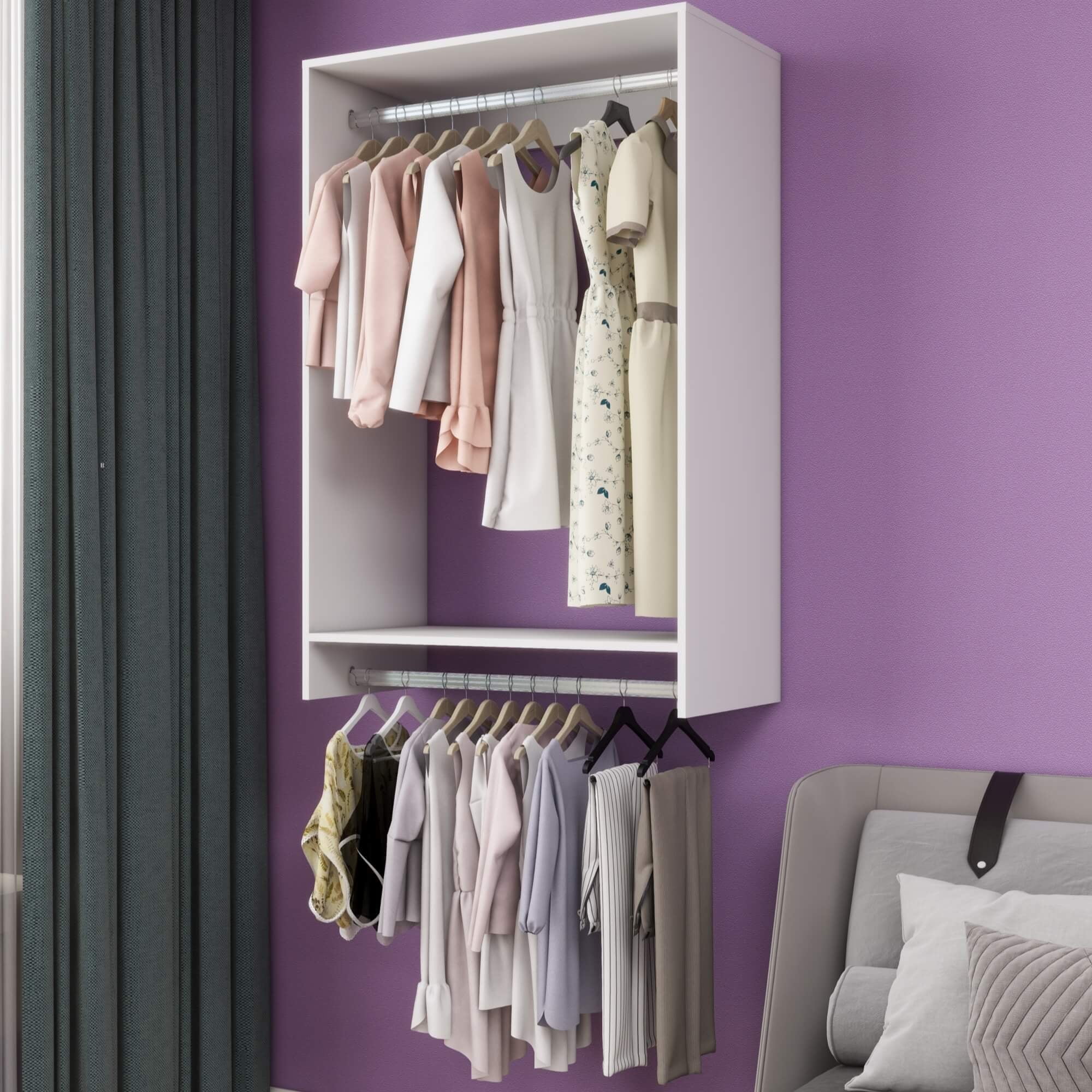 WRR Modular Closet Organizer System with 2 Hanging Rods Shelves Wall ...