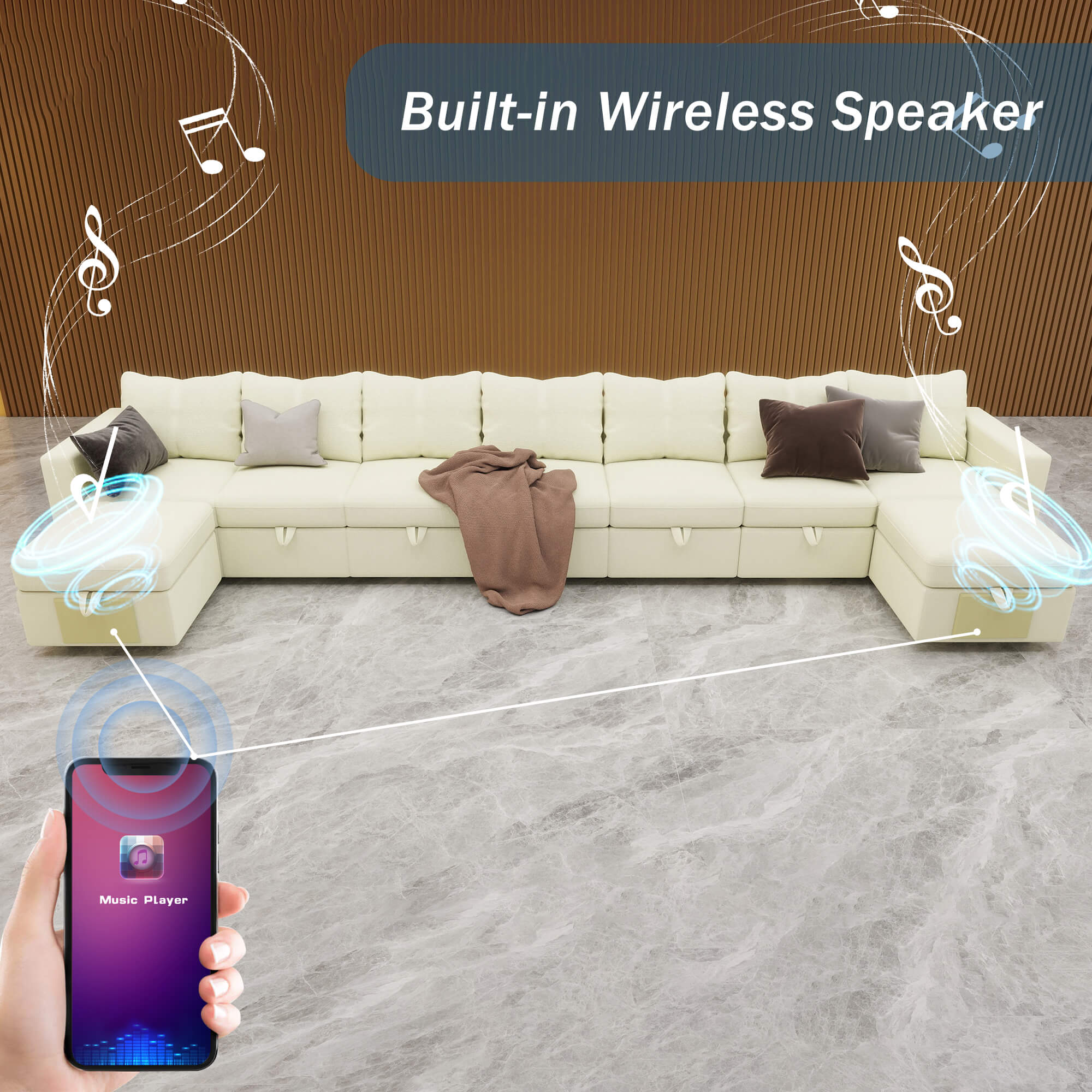 WRR Modular Sectional Sofa with 2 Speakers Large U-shaped Sofa ...