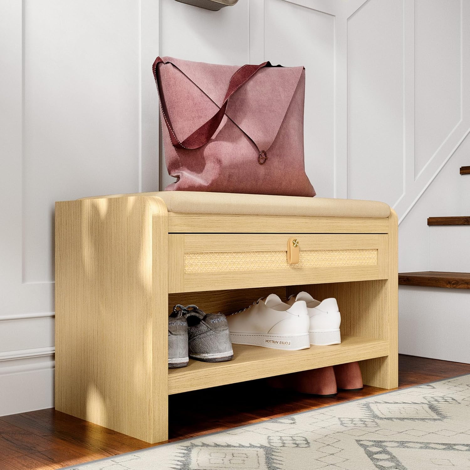 WRR Rattan Shoe Bench,Shoe Rack with Storage Drawer and Linen Cushion ...