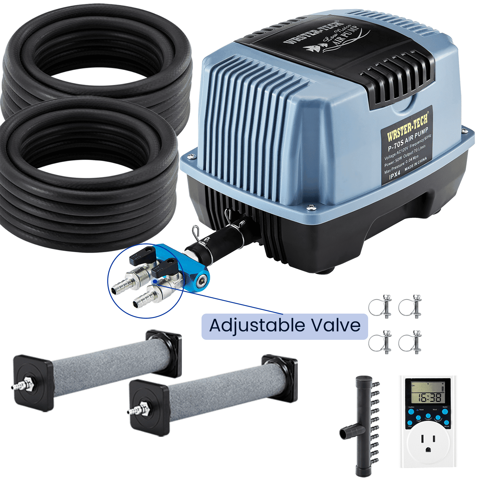 WRSTER-TECH 70 L/Min Pond Air Pump Aeration Timer 2x 20' Self Weighted ...