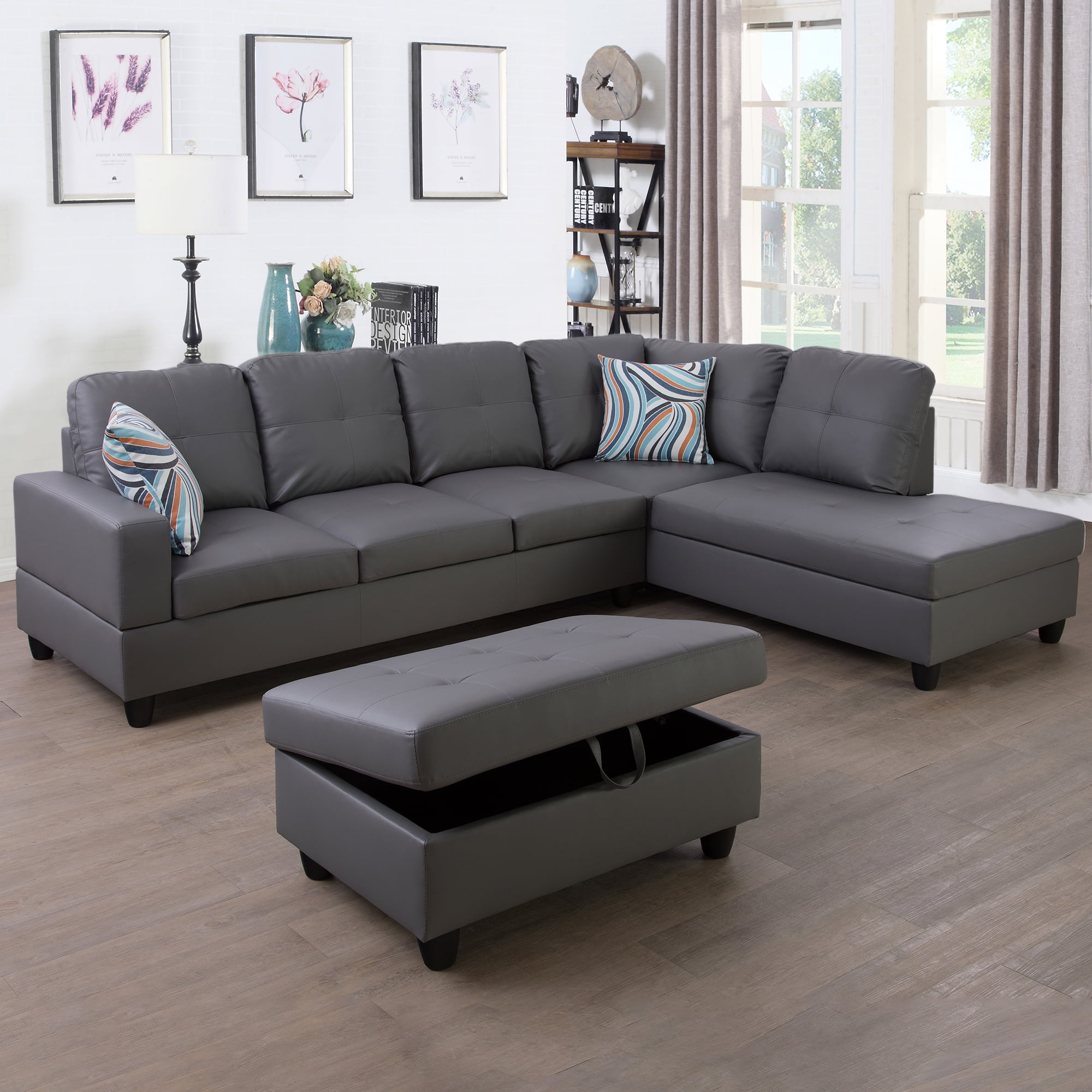 WRTEYEUI Convertible Sectional Sofa Couch, Faux Leather 4 Seat L-Shaped ...