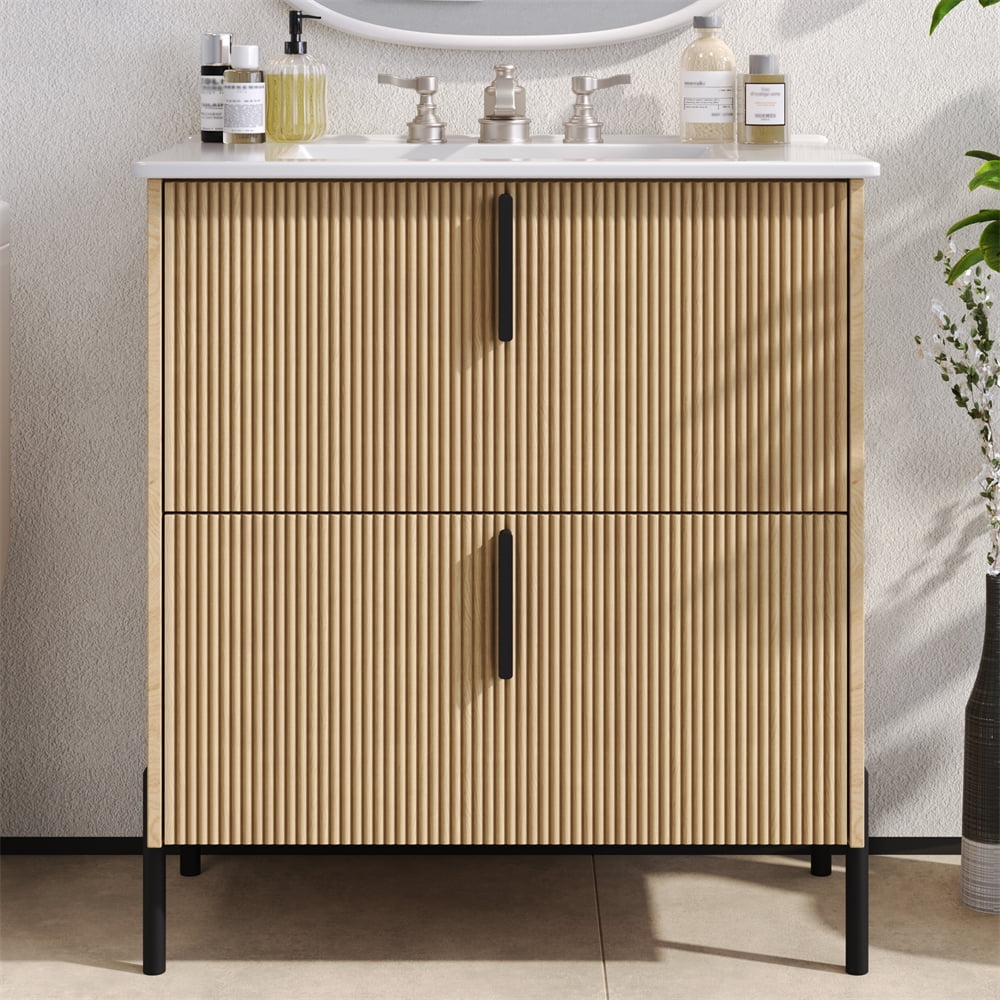 WRXLUXE 30" Bathroom Vanity with Ceramic Sink, Modern Fluted Bathroom ...
