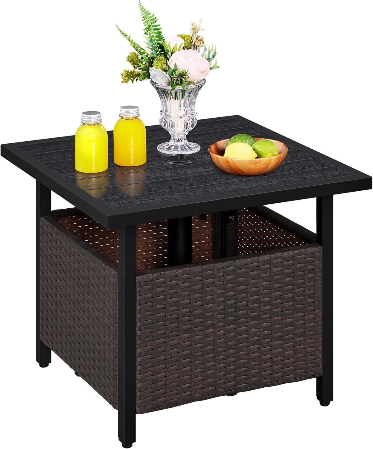 WSRFSD Outdoor Patio Side Table with 1.5" Umbrella Hole, PE Rattan ...