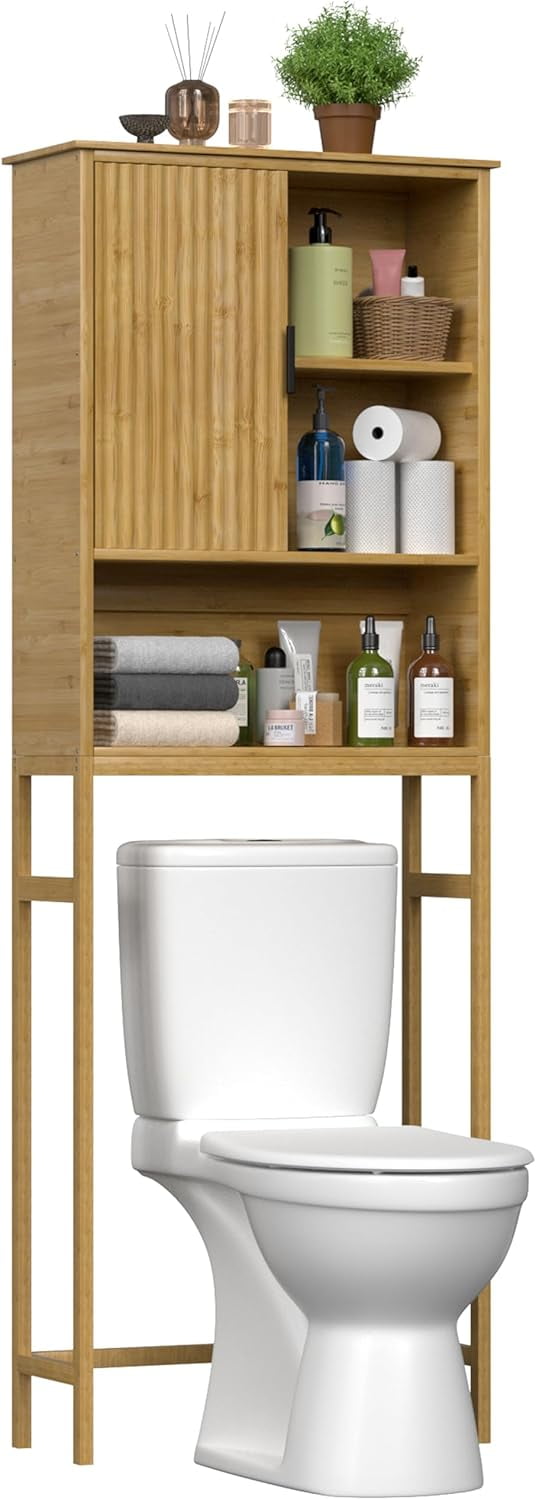 WSSYzyzf Over The Toilet Storage Cabinet with Fluted Doors, Bamboo ...