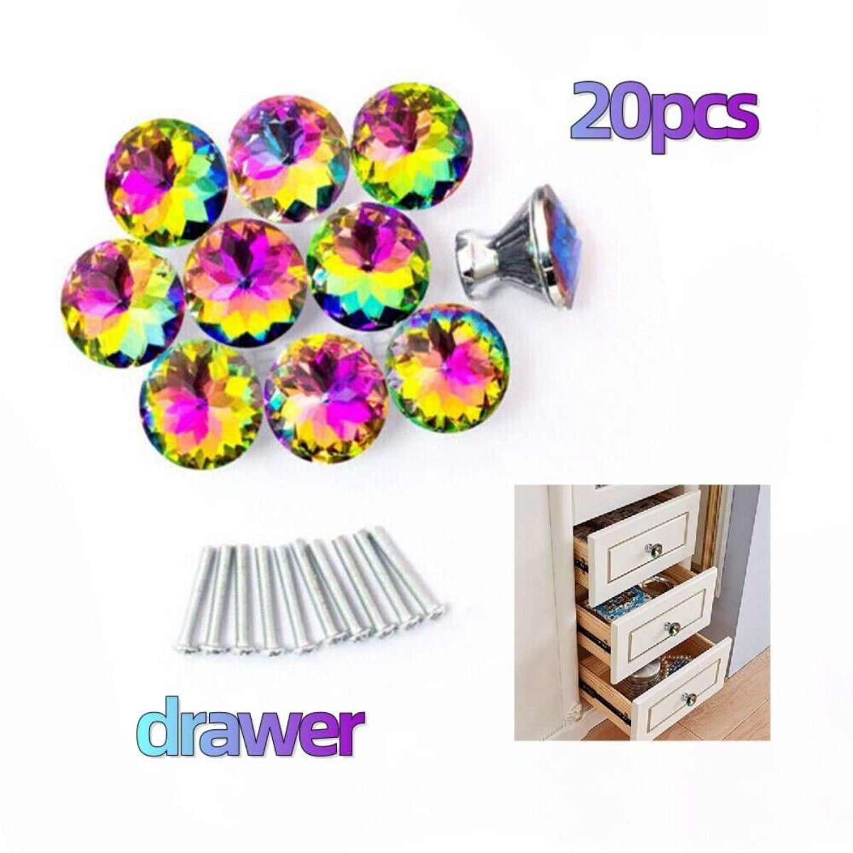 WSYW 20pcs 30mm Door Diamond Crystal Colorful Glass Drawer Pull Handles ...