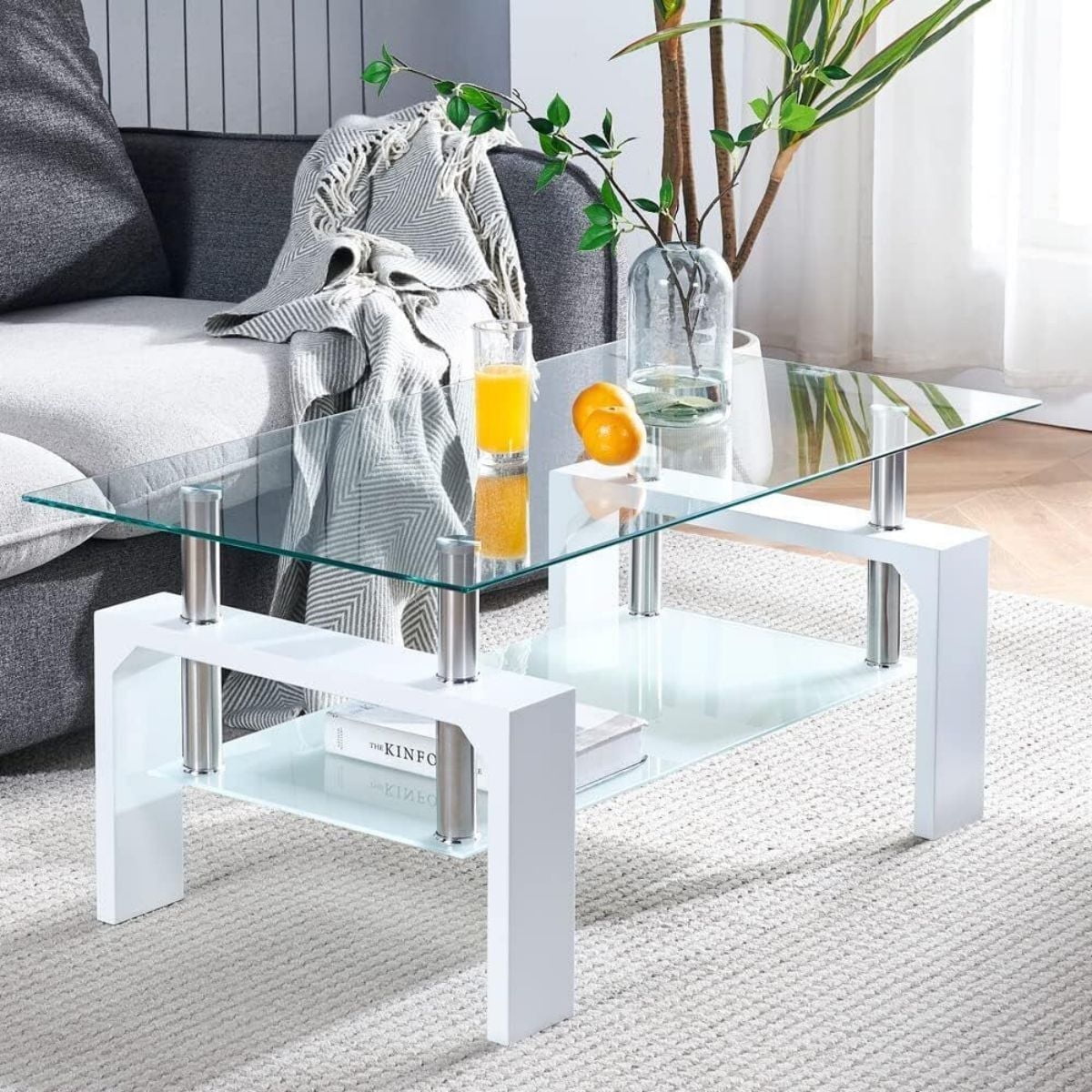 WSYW Modern Solid Glass Top Coffee Table Rectangle Furniture 2-Layer ...