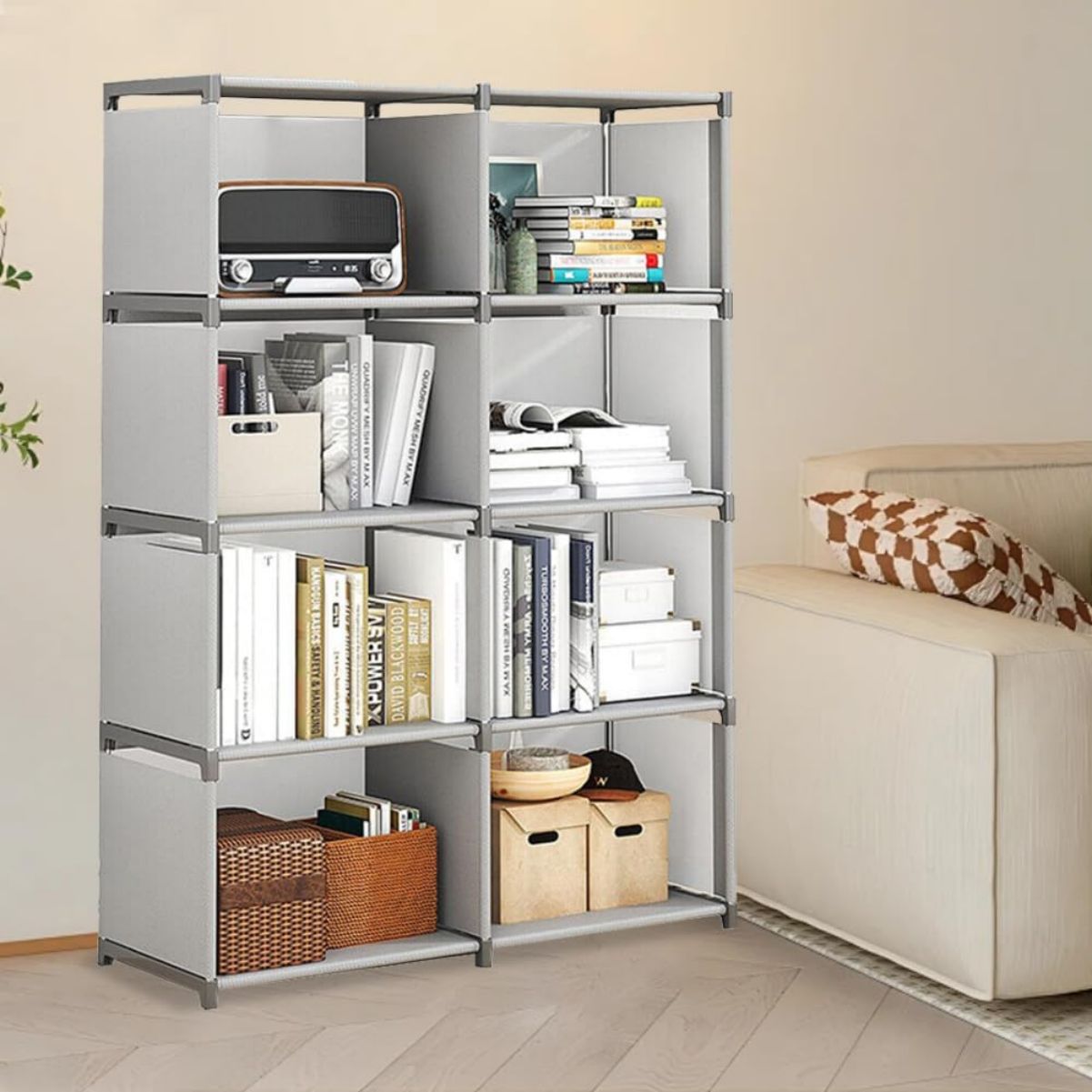 WSYW Portable Bookshelf, Double Row 4-Tiers Assembled Storage Rack ...