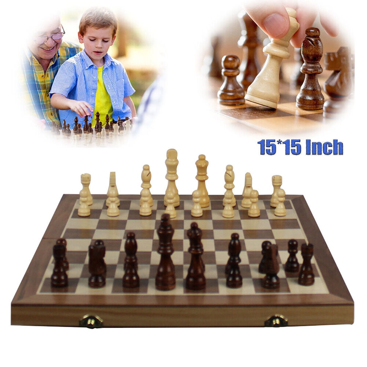 WSYW Vintage Chess Set 15"x15" Folding Wooden Standard Chess Game Board ...