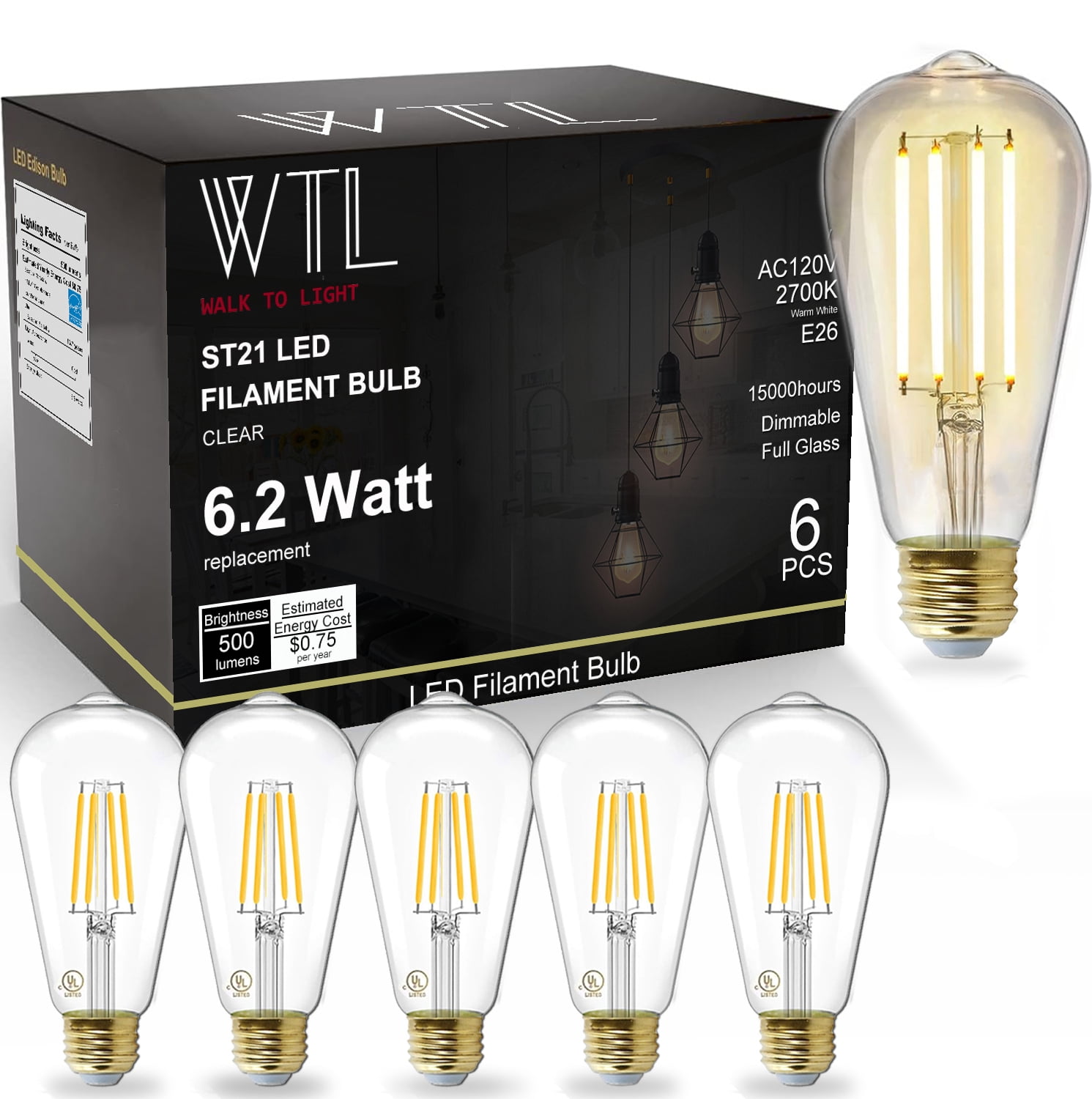 WTL Vintage Edison Light Bulb 6.2W(60 Watt Equivalent) 2700K Warm White ...