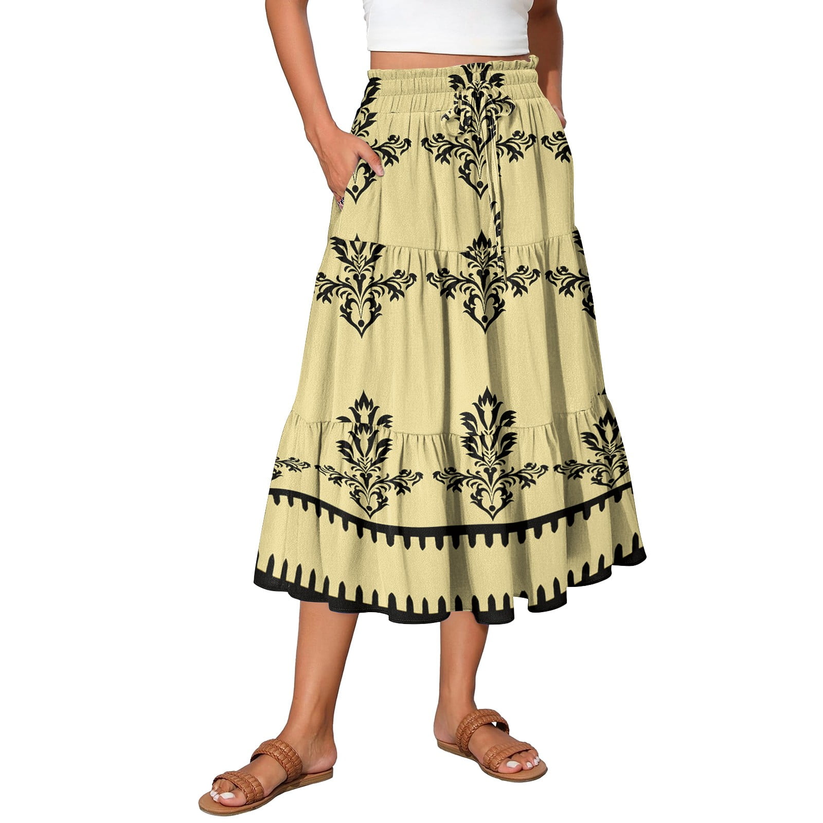 WTOBBY Beach Vacation Floral Maxi Skirt Women's Drawstring High Waisted ...
