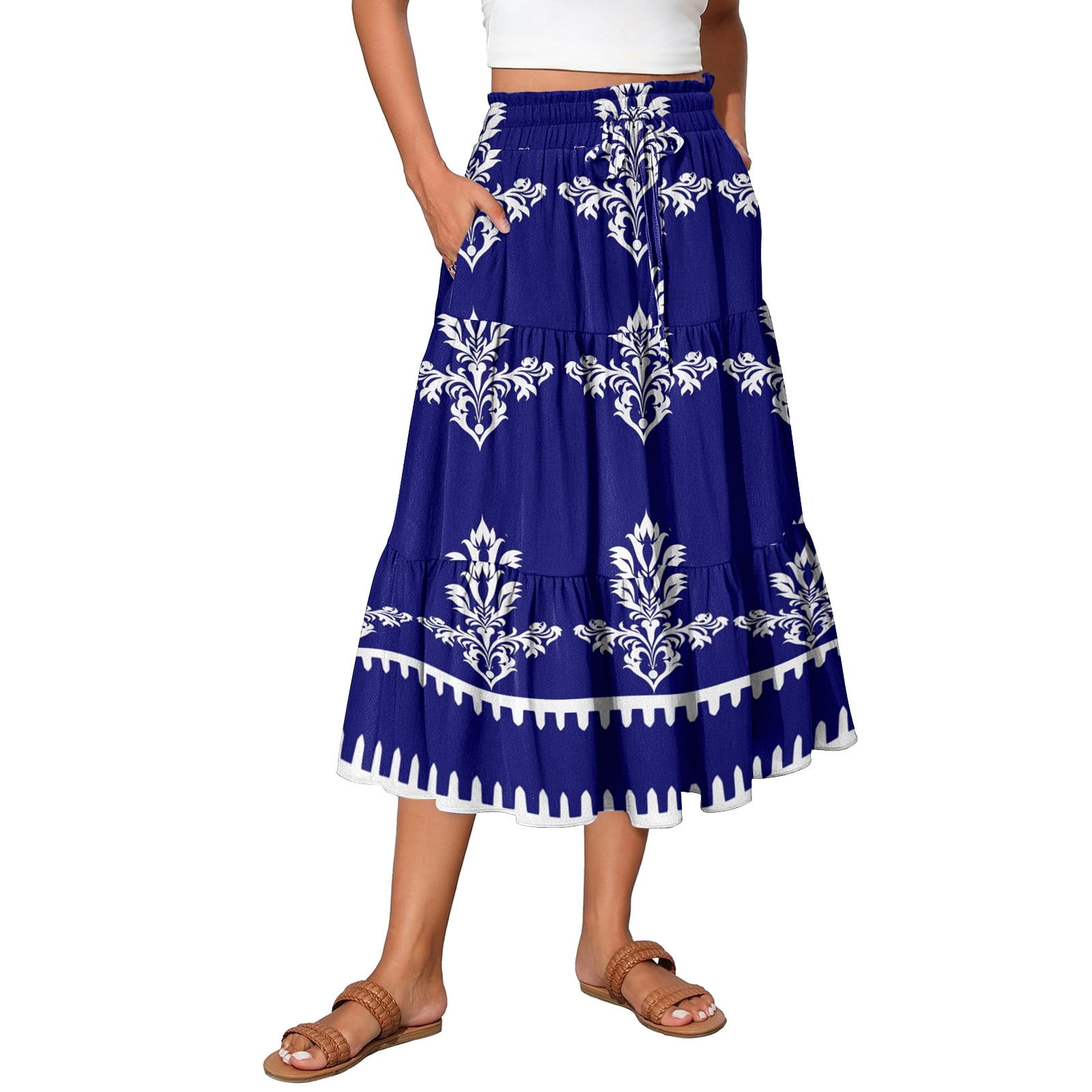 WTOBBY Beach Vacation Floral Maxi Skirt Women's Drawstring High Waisted ...