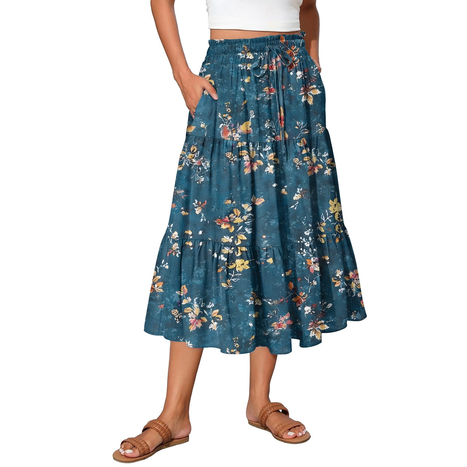 WTOBBY Bohemian Floral Print Maxi Skirt Women's High Waisted Drawstring ...