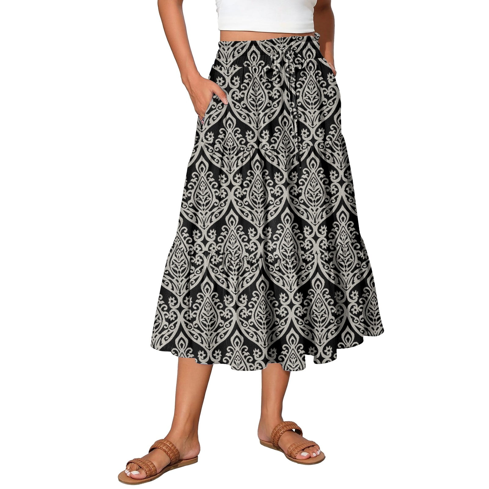 WTOBBY Bohemian Floral Print Maxi Skirt Women's High Waisted Drawstring ...