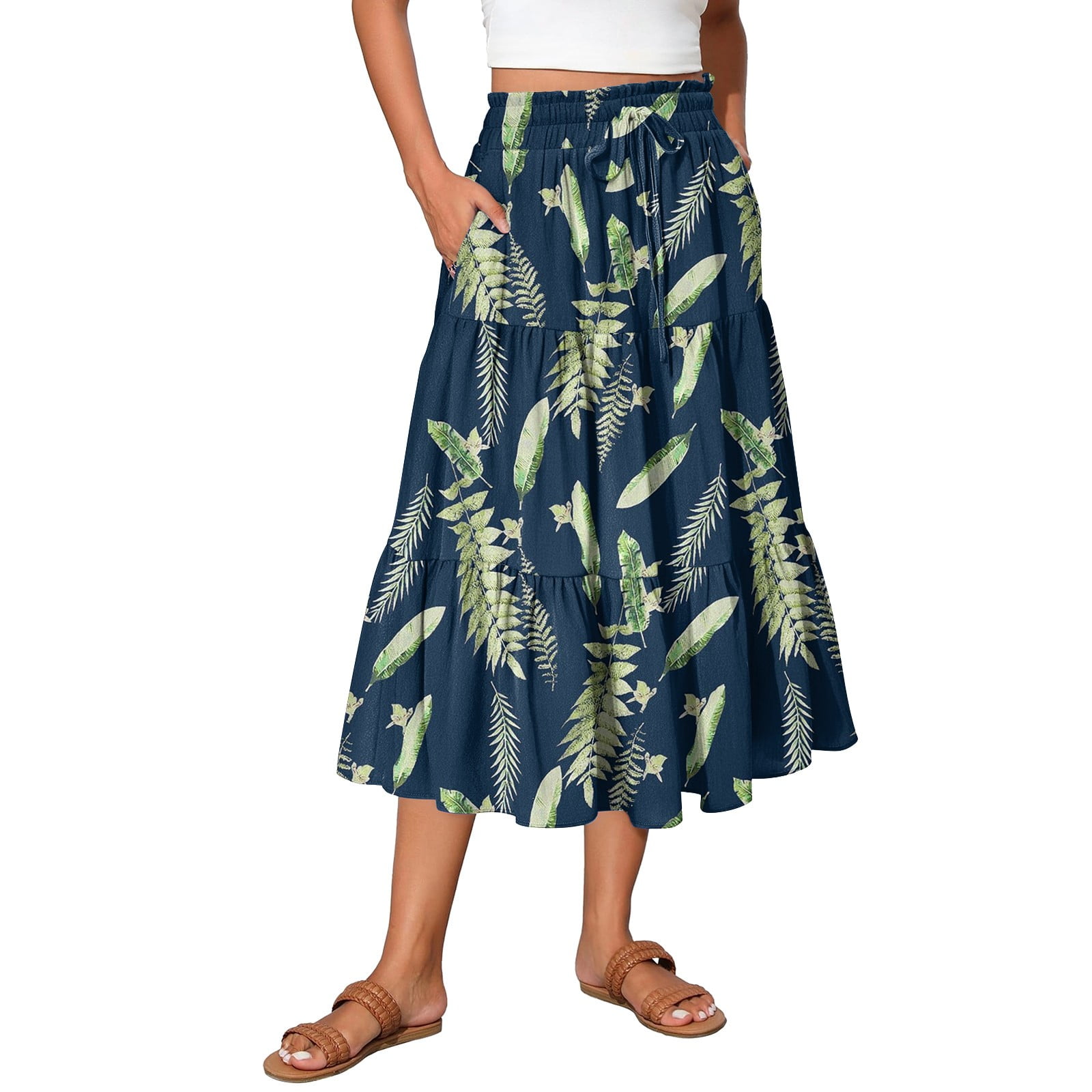 WTOBBY Bohemian Floral Print Maxi Skirt Women's High Waisted Drawstring ...