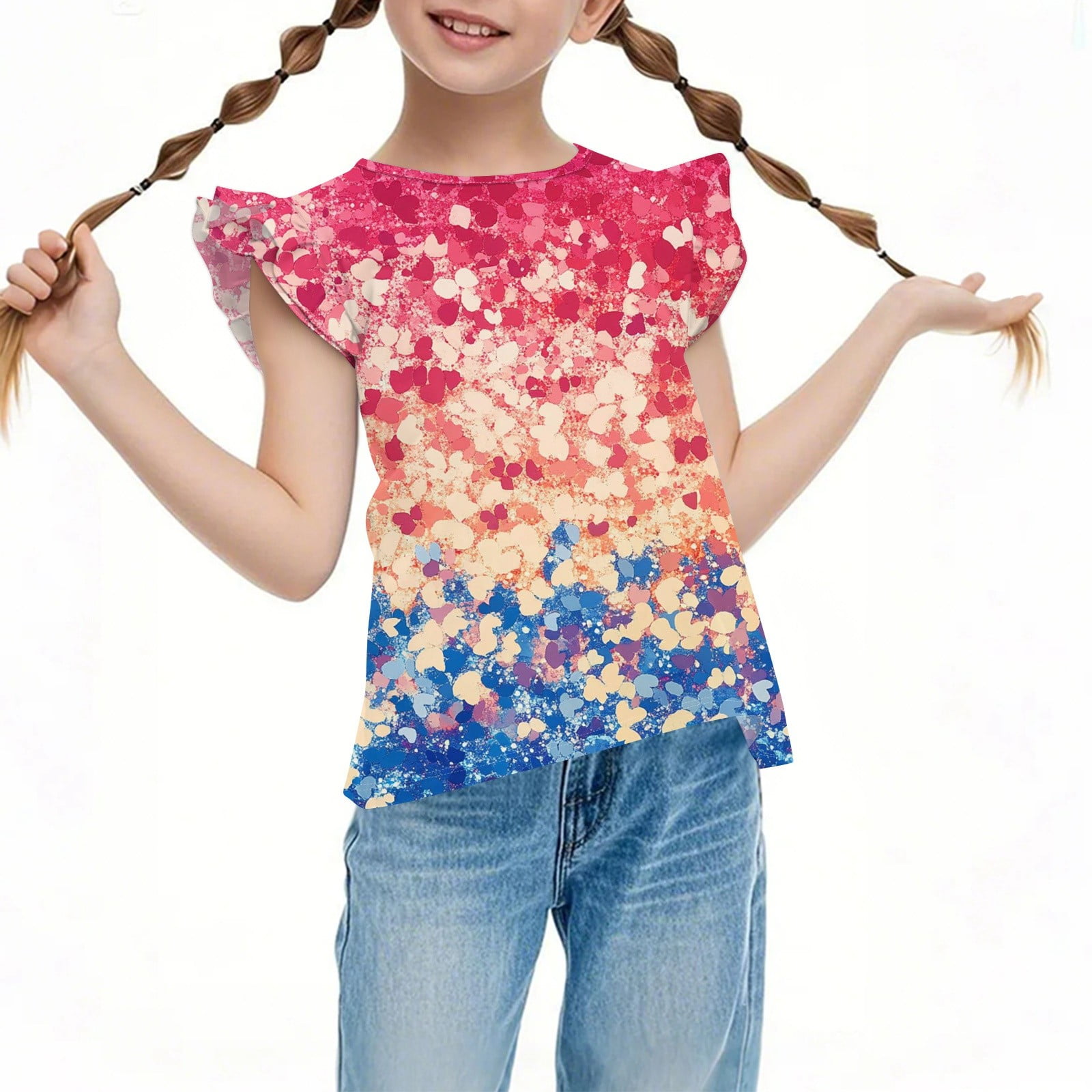 WTOBBY Children's Casual Short Sleeve Pleated Cute Floral Print Round Neck Top for Girls ...