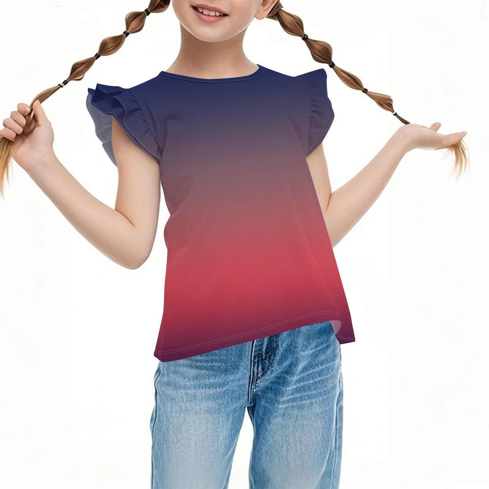 WTOBBY Children's Gradient Print Pleated Short Sleeve Casual Top with ...