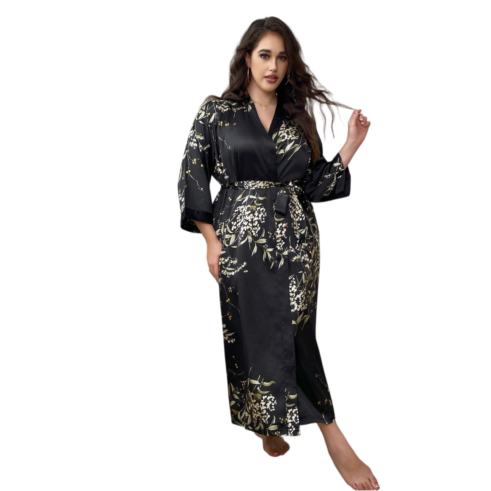 WTOBBY Curvy Robe for Women Plus Size 3X-6X Flowy Long Sleeve Belted ...