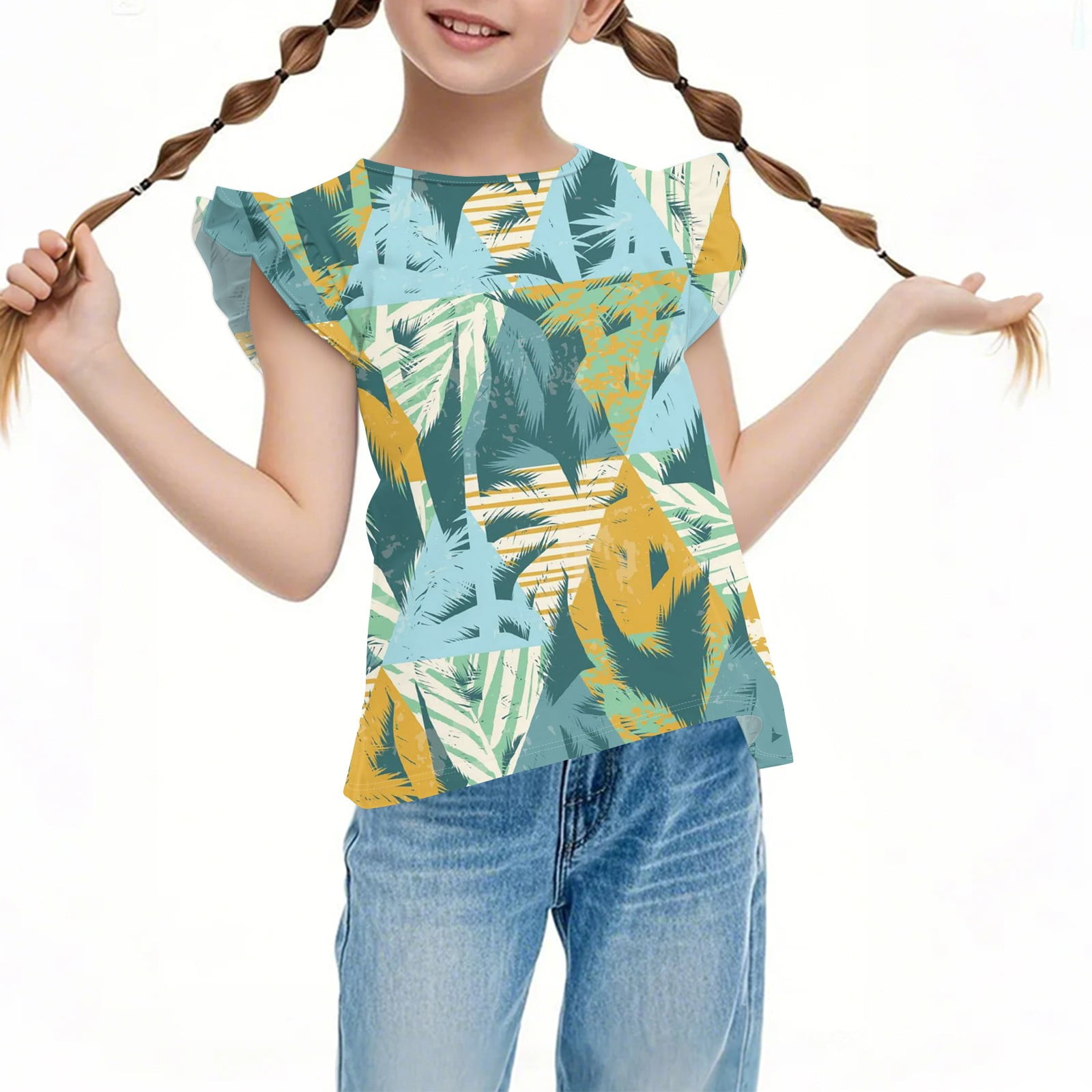 WTOBBY Kids Hawaiian Print Pleated Short Sleeve Casual Top with Round ...