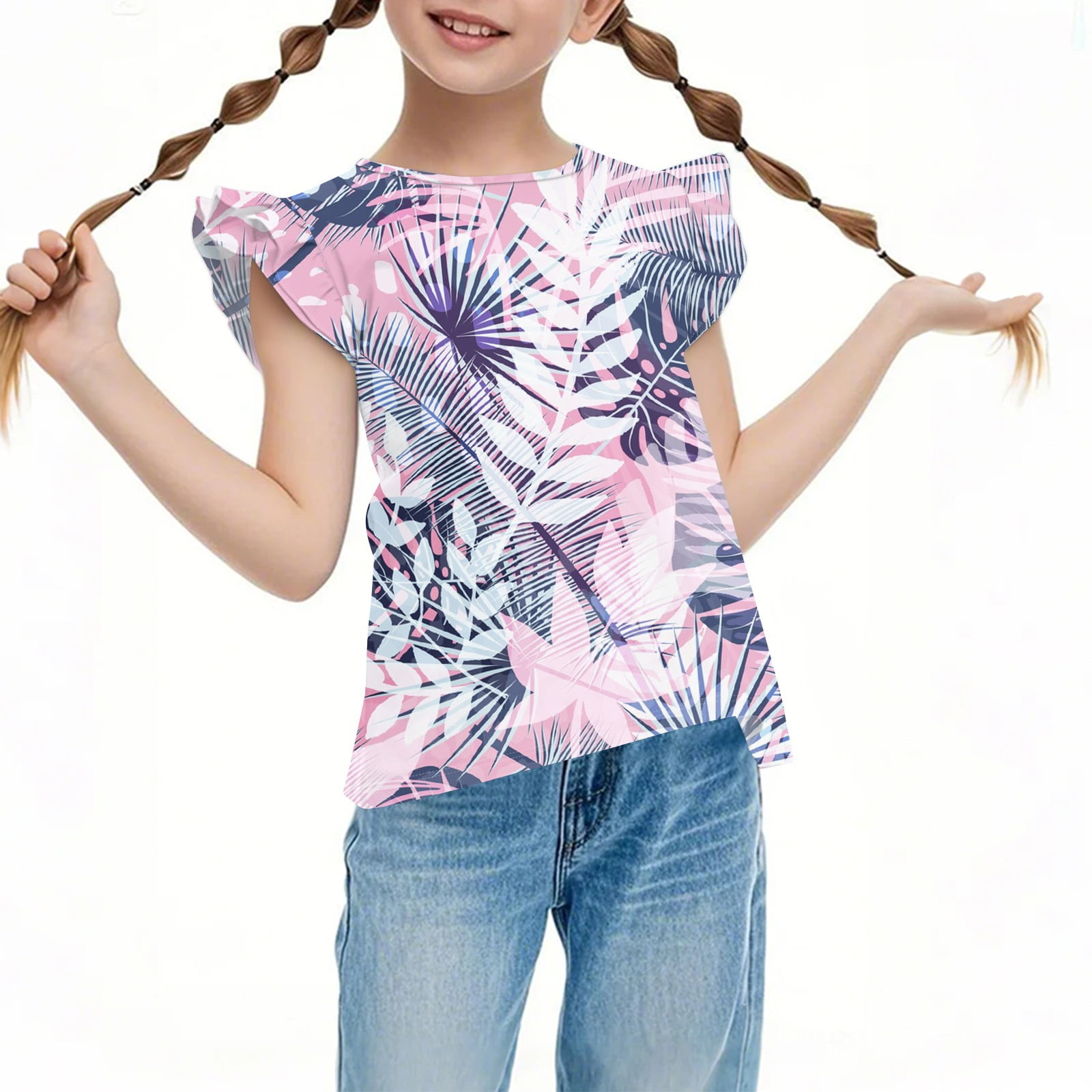 WTOBBY Kids Hawaiian Print Pleated Short Sleeve Casual Top with Round ...