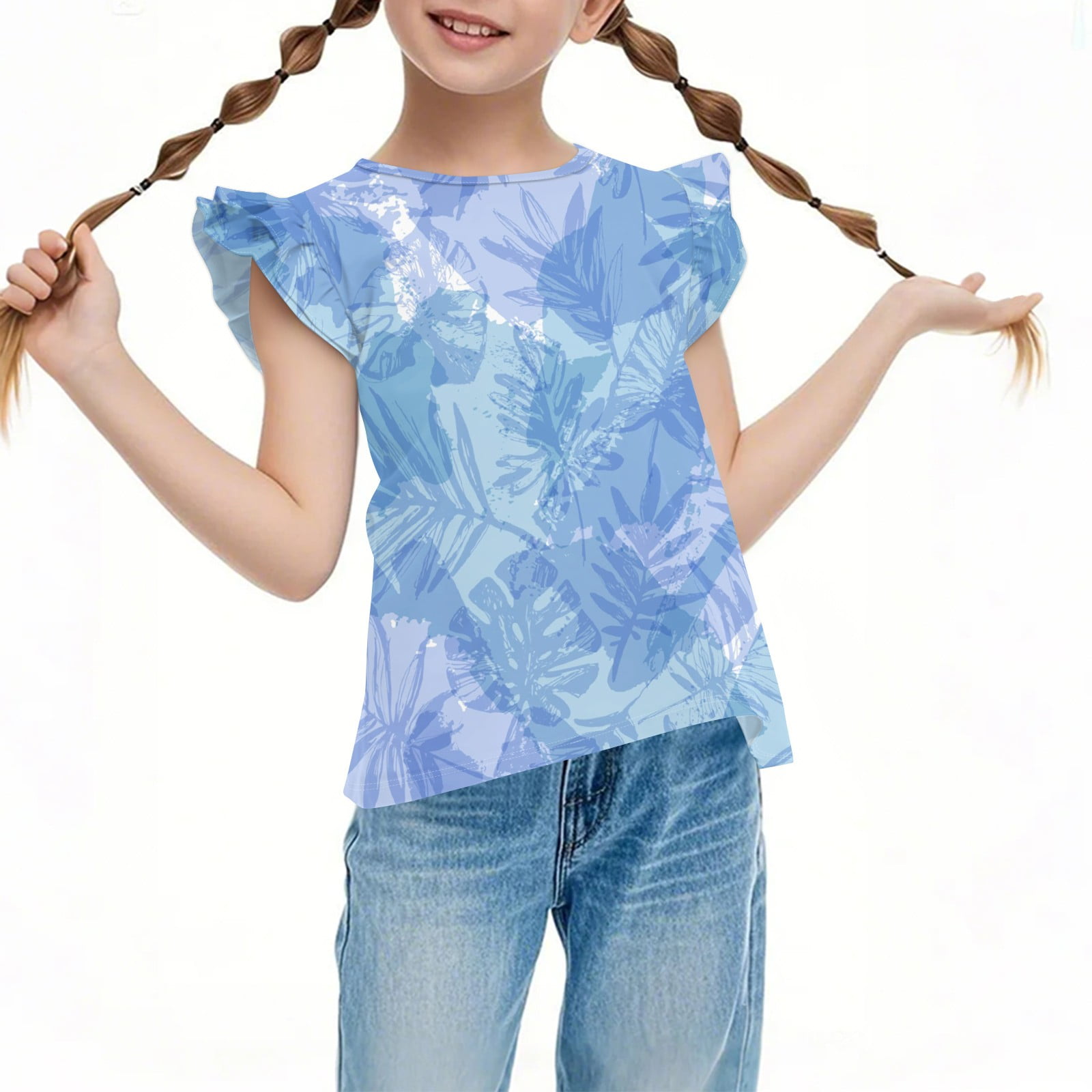 WTOBBY Kids Hawaiian Print Pleated Short Sleeve Casual Top with Round ...