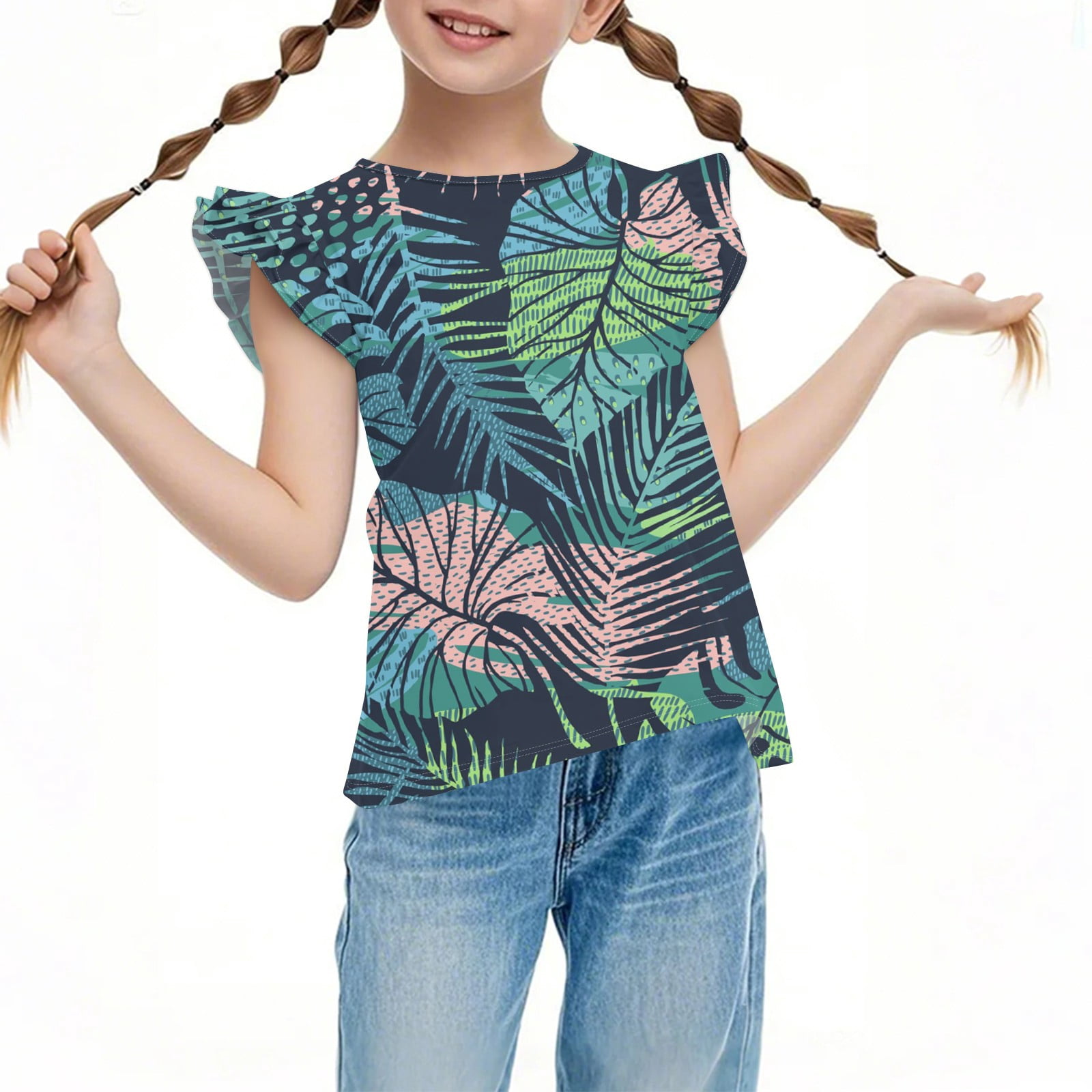 WTOBBY Kids Hawaiian Print Pleated Short Sleeve Casual Top with Round ...