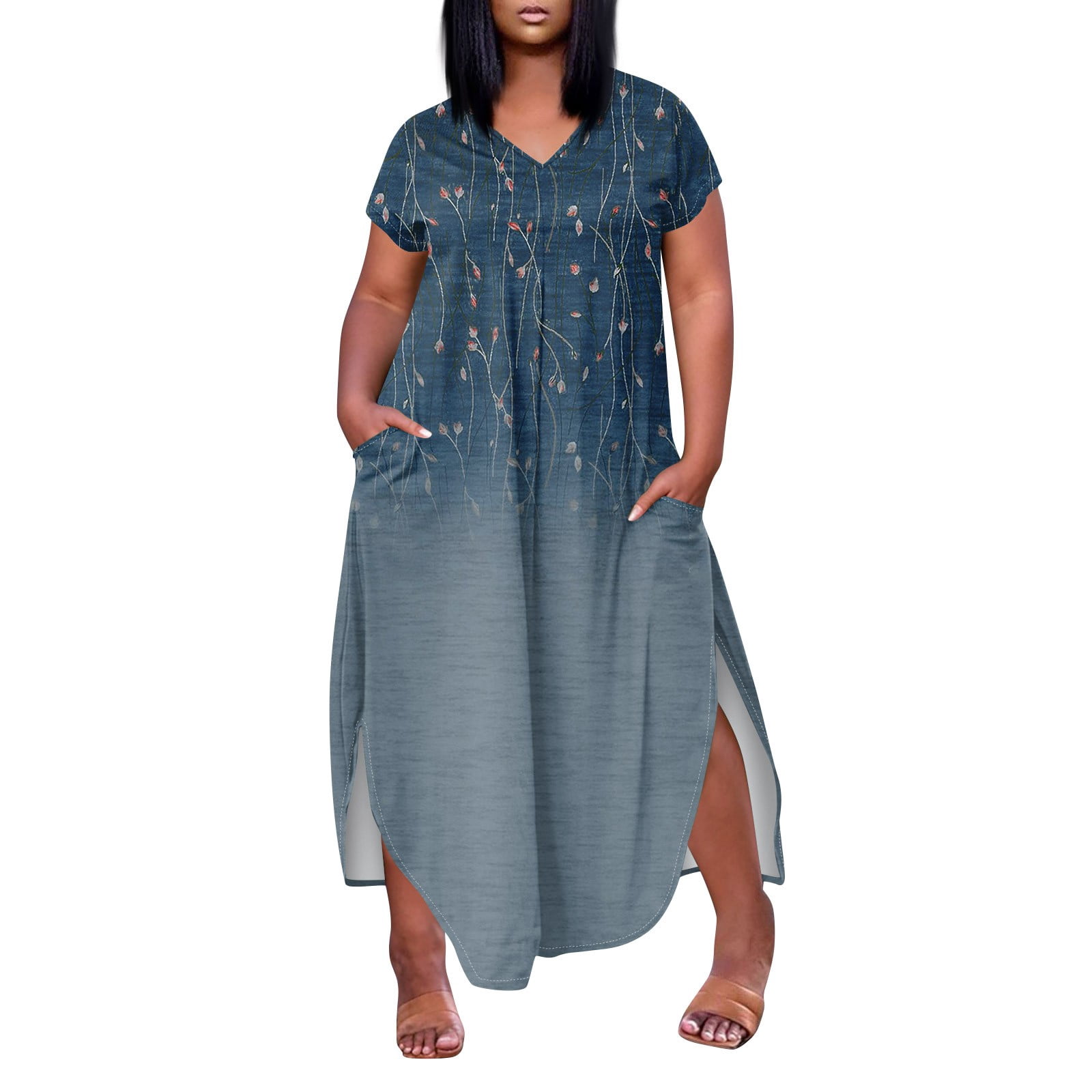 WTOBBY Large Size Retro Print Dress, Women's Fashion Short Sleeve V ...