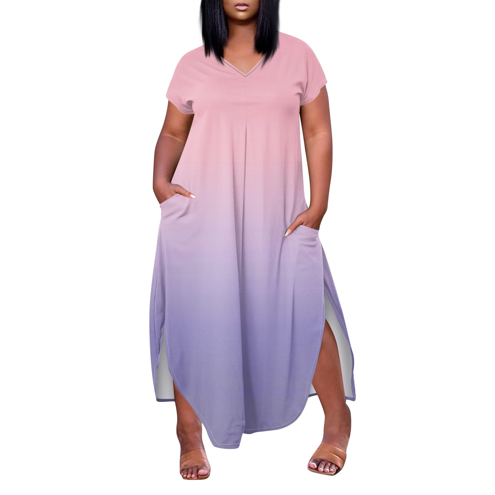 WTOBBY Plus Size Gradient Color Dress, Trendy Short Sleeve V-Neck High ...