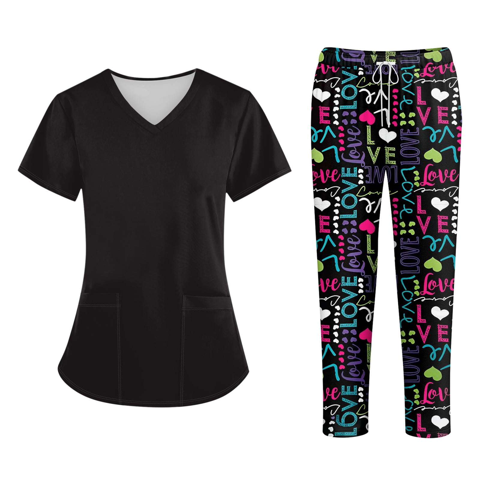 WTOBBY Plus Size Women's Short Sleeve Printed Scrubs Set, V-Neck with ...