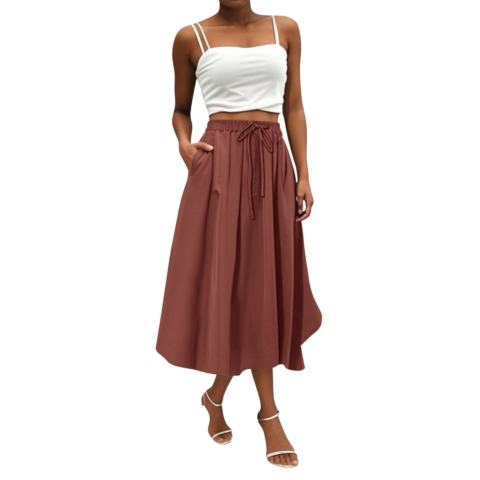 WTOBBY Women's Bohemian Solid Color Pocket Skirt Casual High Waist Maxi ...