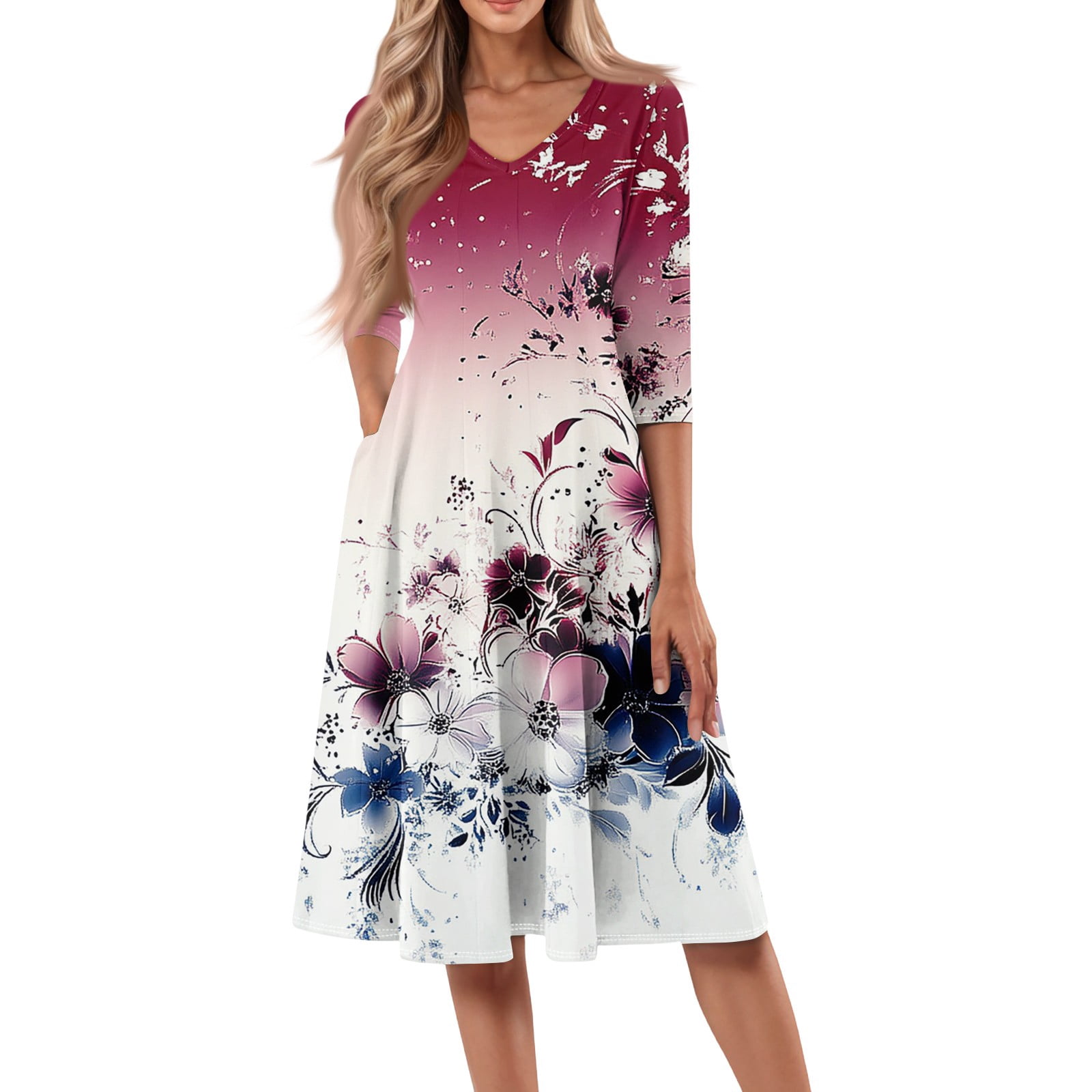 WTOBBY Women's Casual Floral Print V-Neck 3/4 Sleeve Midi Dress, Modern ...
