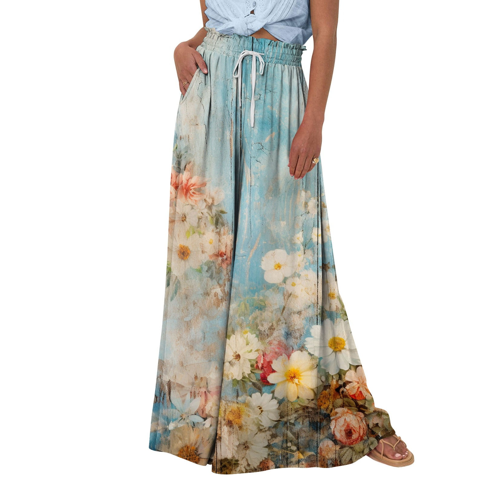 WTOBBY Women's Casual Flowy High Waisted Wide Leg Pants with Pockets ...