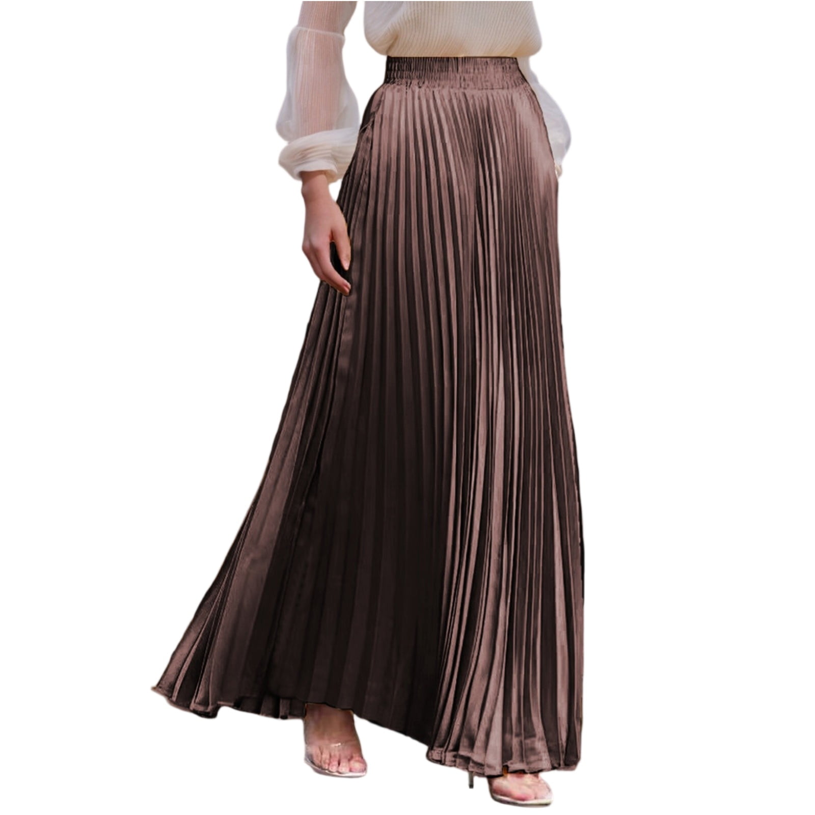 WTOBBY Women's Casual Pleated Solid Color Maxi Skirt A-Line Floor ...