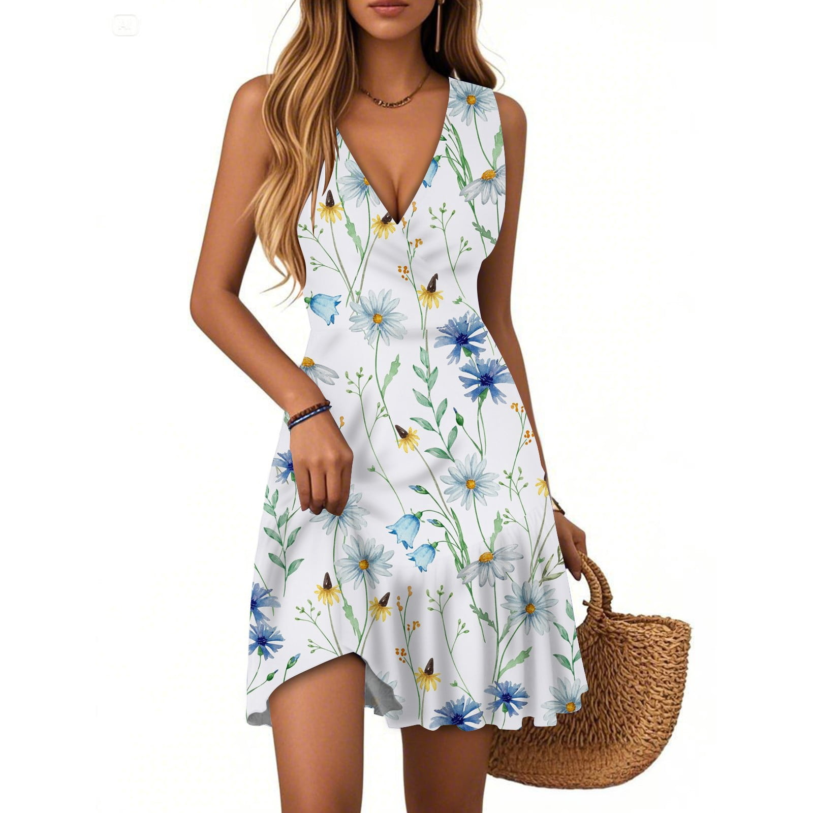 WTOBBY Women's Everyday Summer Dress Sleeveless V-Neck Floral Print ...