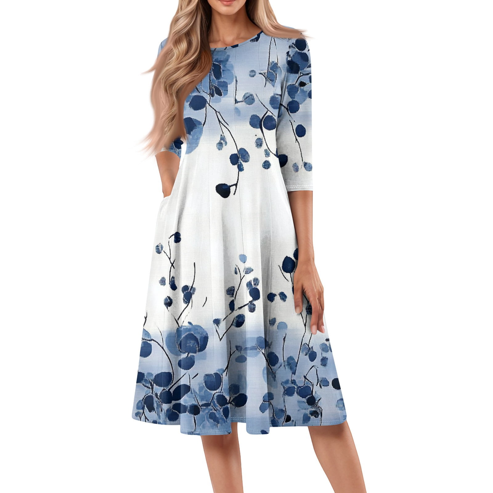WTOBBY Women's Fashion Round Neck Floral Print 3/4 Sleeve Midi Dress ...