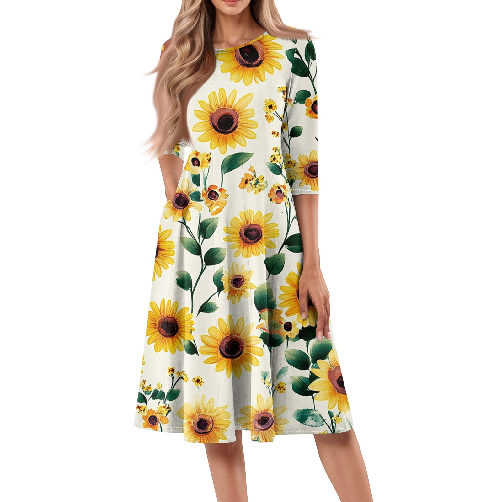 WTOBBY Women's Fashion Round Neck Floral Print 3/4 Sleeve Midi Dress ...