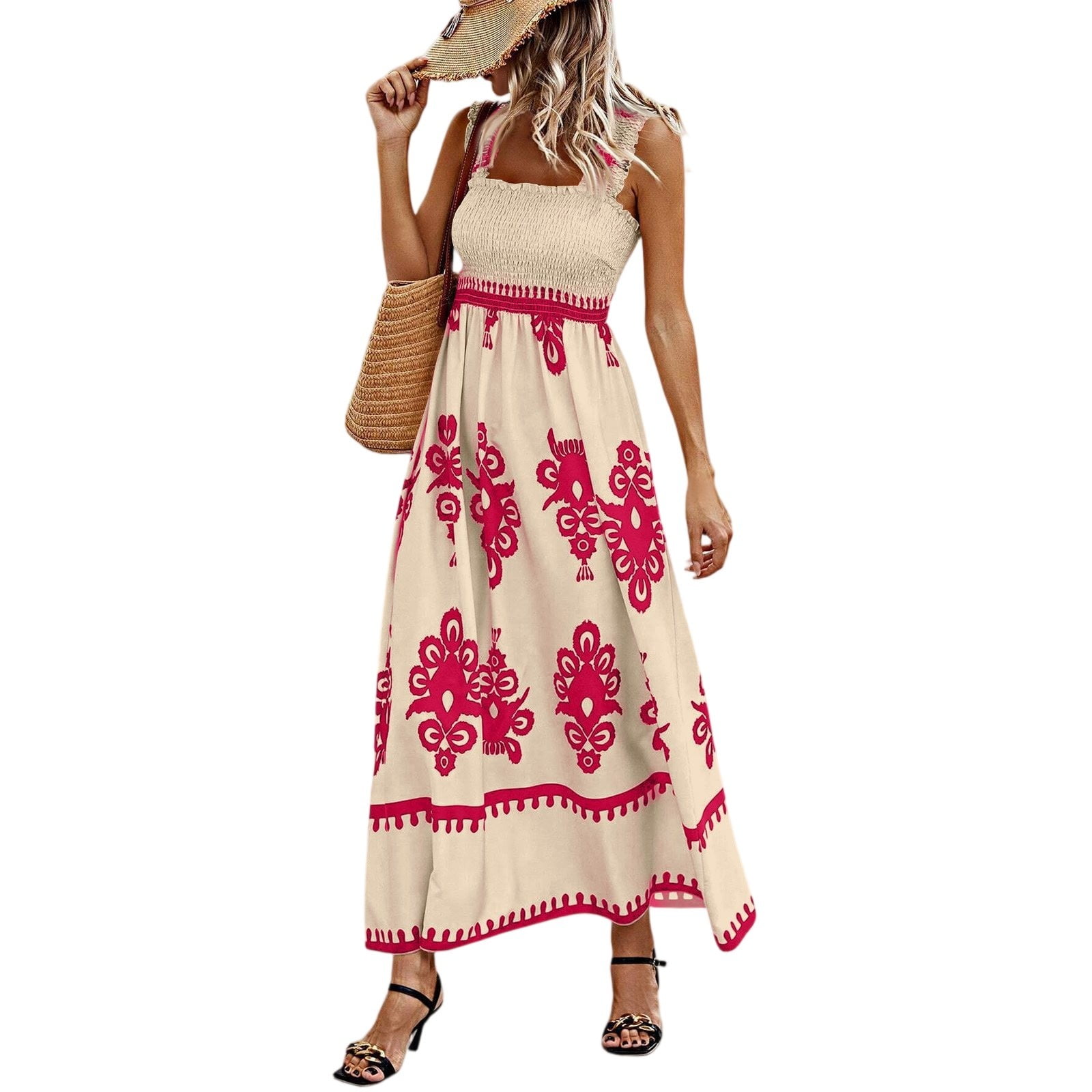 WTOBBY Women's Fashionable Retro Printed Bohemian Beach Dress for Beach ...