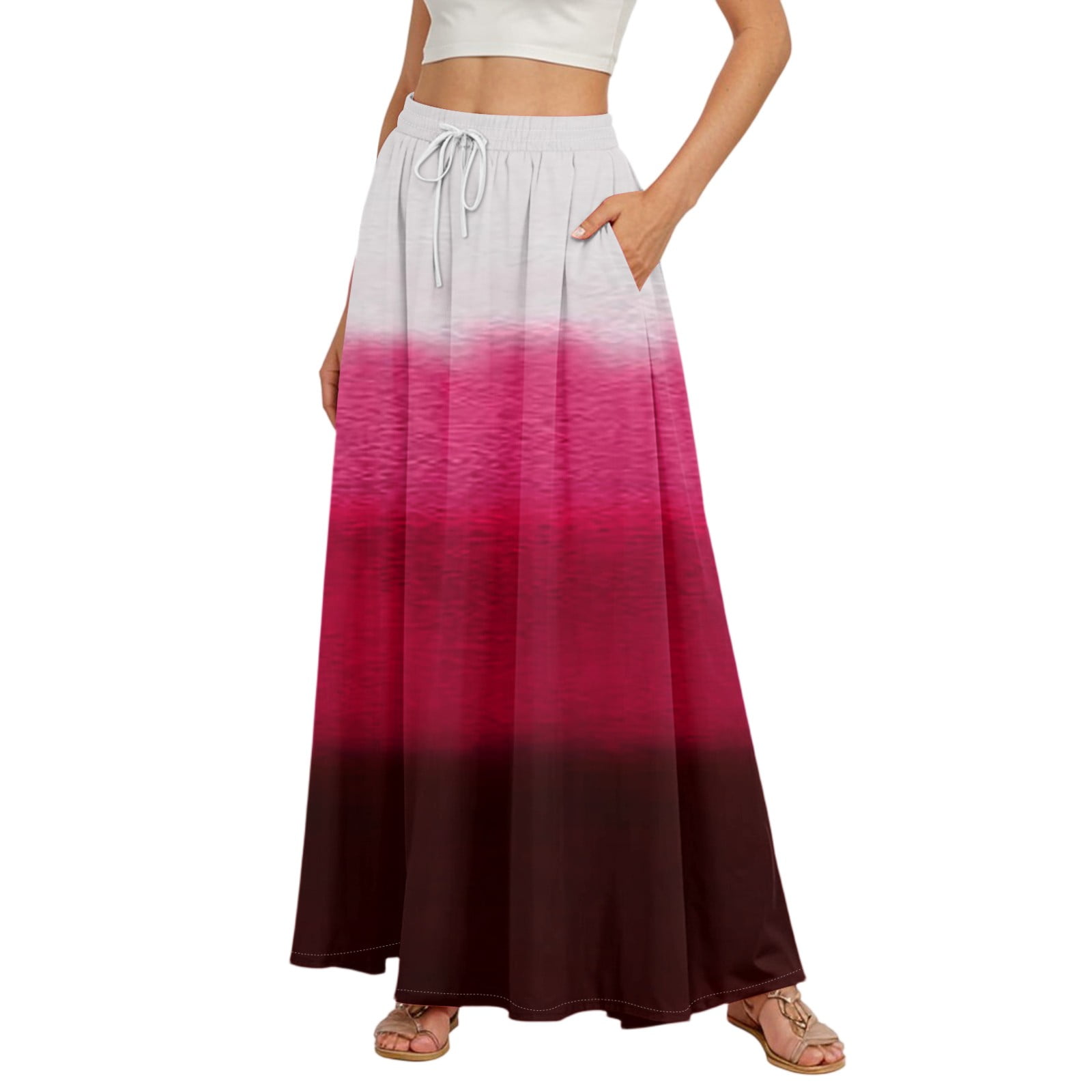 WTOBBY Women's Floral Gradient Print Flared Maxi Skirt Ruffle Hem A ...