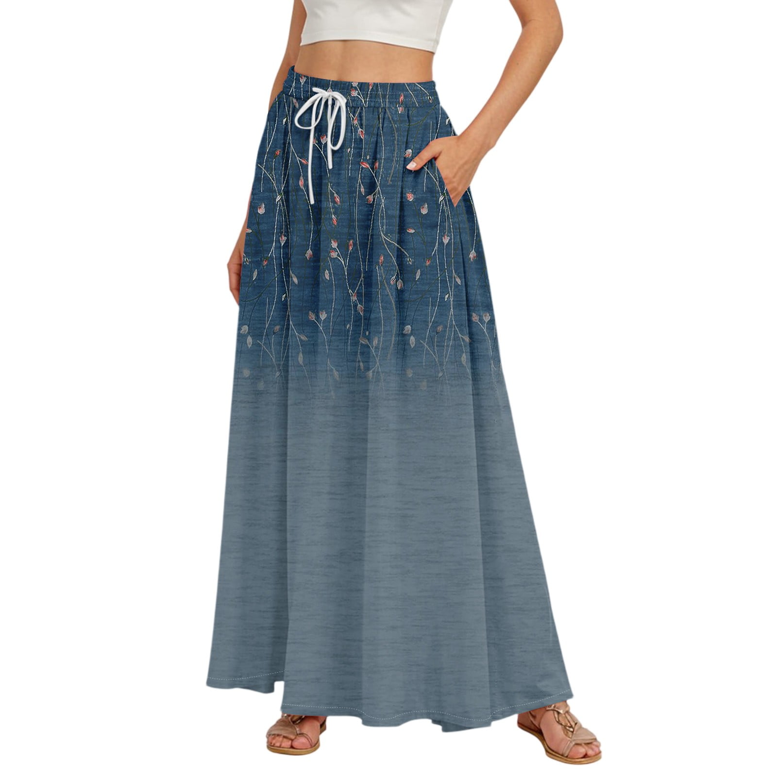 WTOBBY Women's Floral Gradient Print Flared Maxi Skirt Ruffle Hem A ...