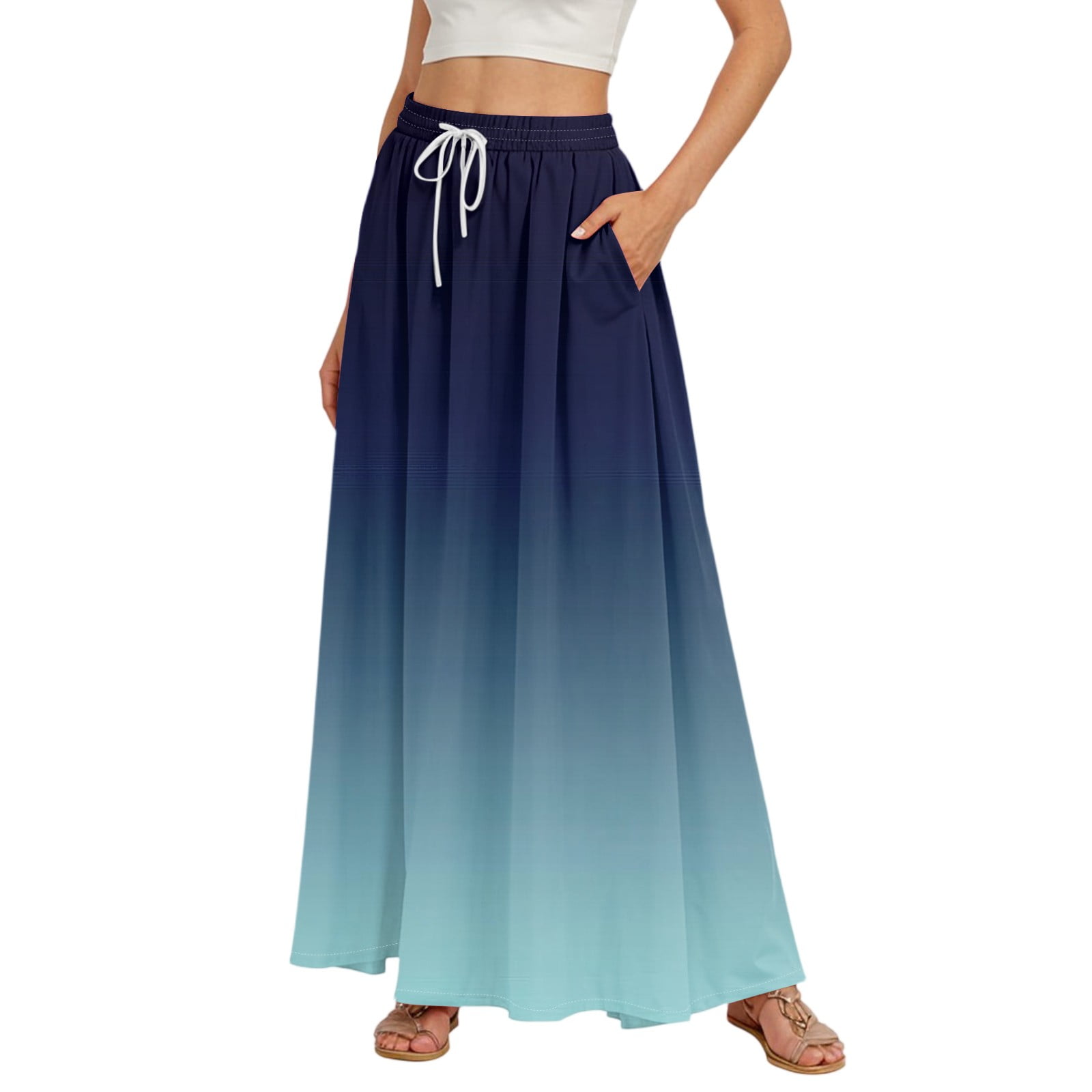 WTOBBY Women's Gradient Print Flowy Flared Maxi Skirt with Ruffle Hem ...