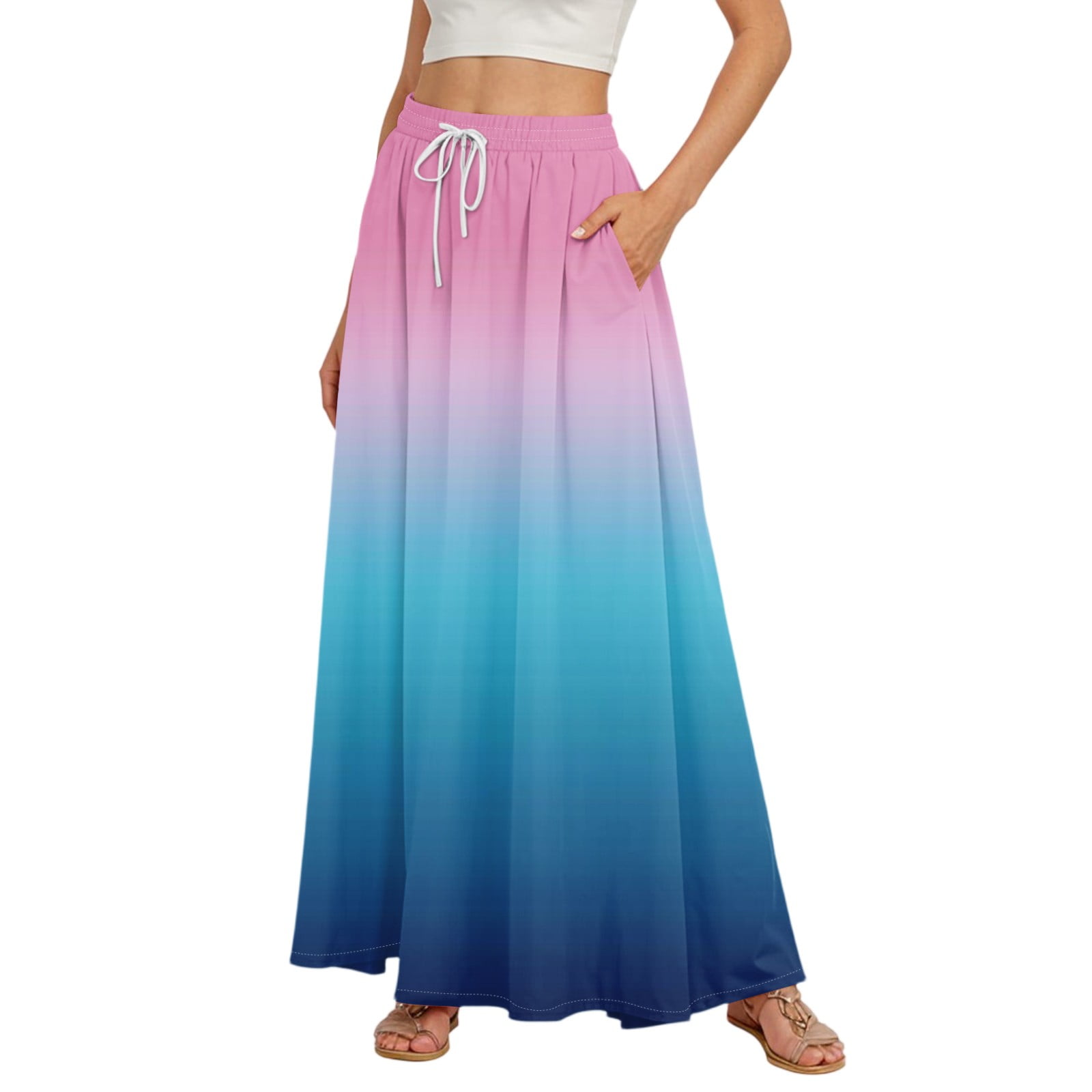 WTOBBY Women's Gradient Print Flowy Flared Maxi Skirt with Ruffle Hem ...