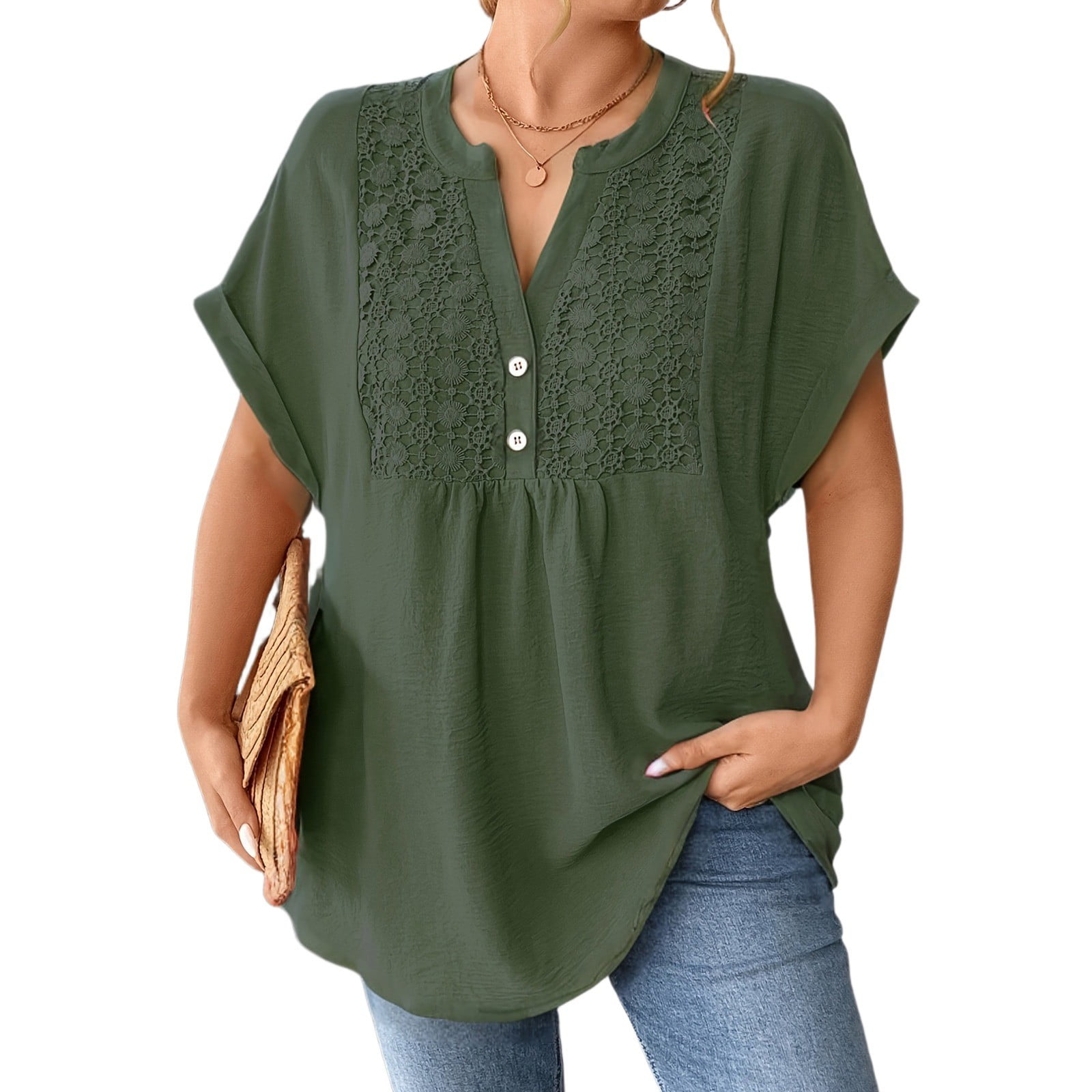 WTOBBY Women's Lace Trim Detail V-Neck Button Up Casual Short Sleeve ...