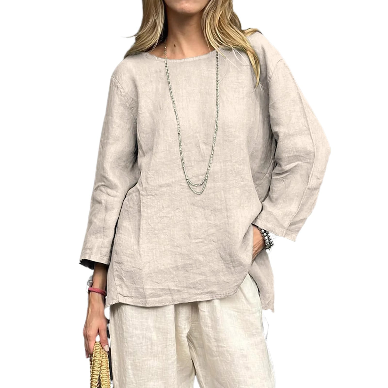 WTOBBY Women's Loose Fit Linen Blend Retro Print Round Neck Long Sleeve ...