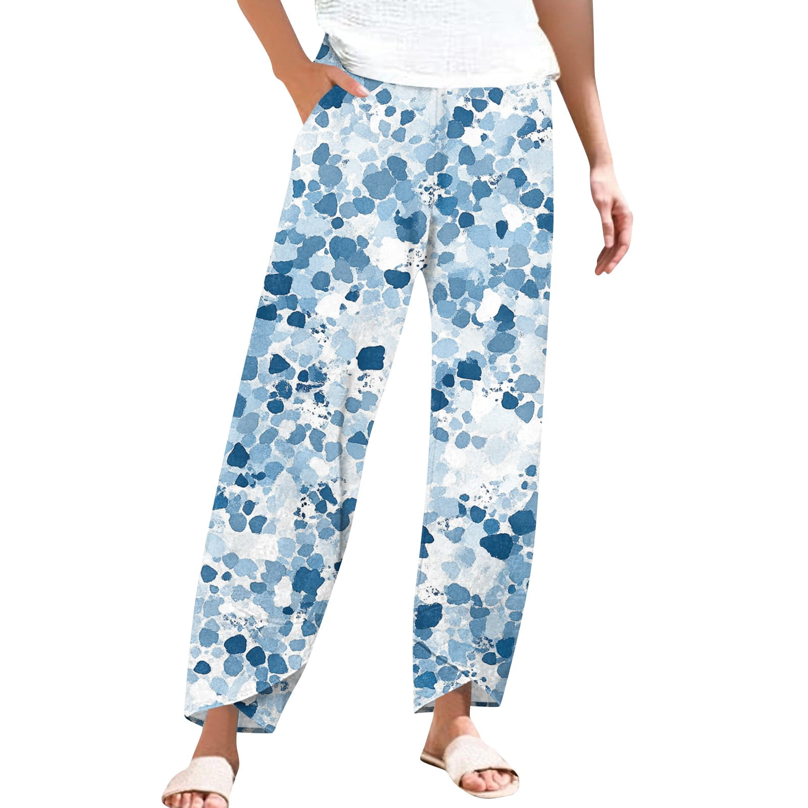 WTOBBY Women's Pleated Flowy Wide Leg Beach Pants - Crinkle Fabric ...