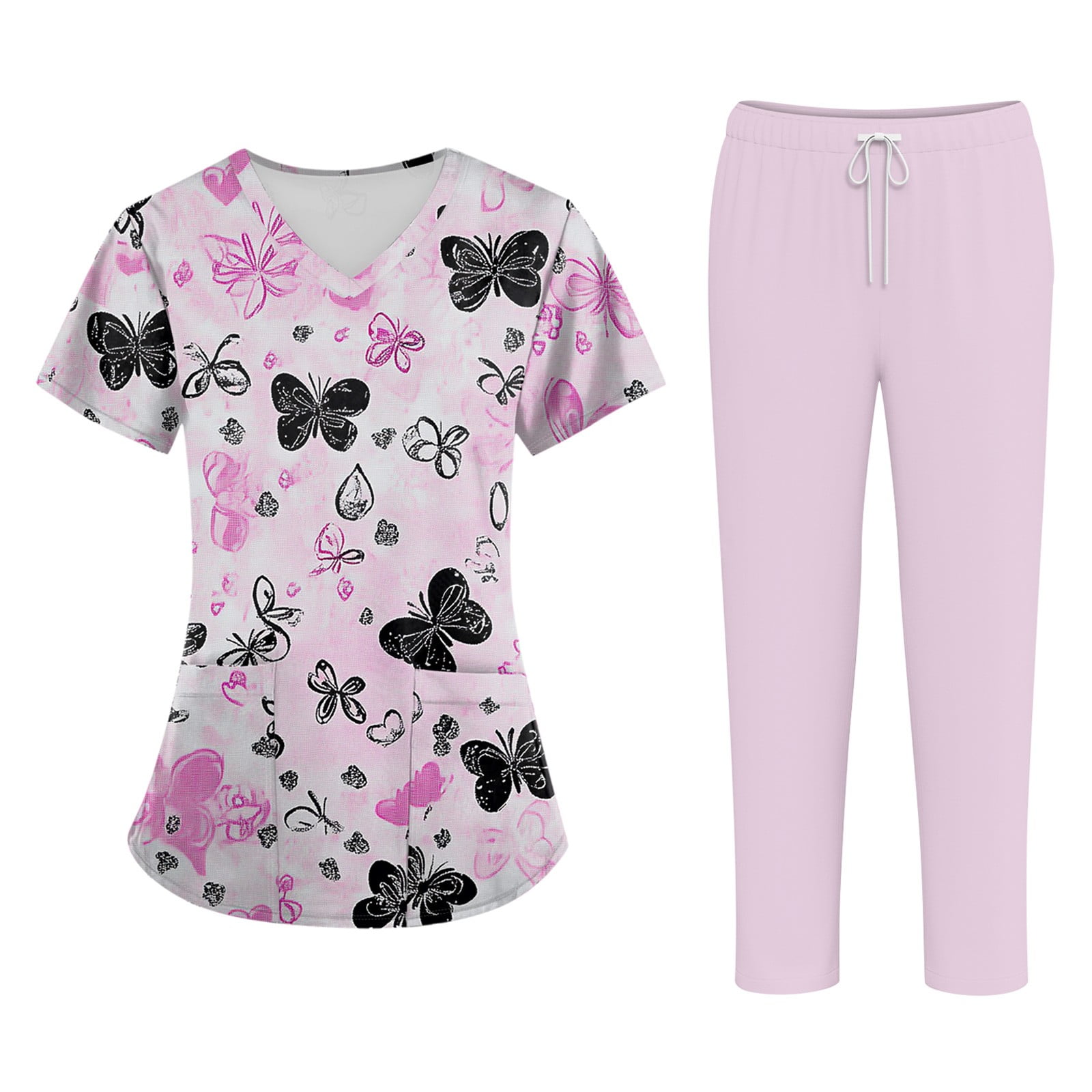 WTOBBY Women's Plus Size Short Sleeve Printed Scrubs Set with Pockets ...